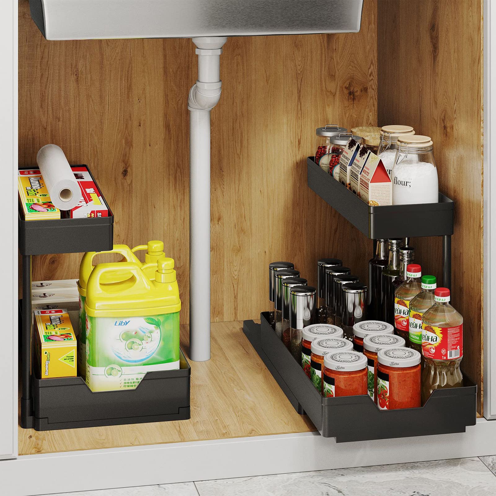 FatPnut Kitchen Under Sink Organizer, 2 Tier Slide Out Under Cabinet Organizer, 2 Pack Double Shelf Kitchen Storage, Under the Sink Organizer Bathroom (Black) SCSN-L-02