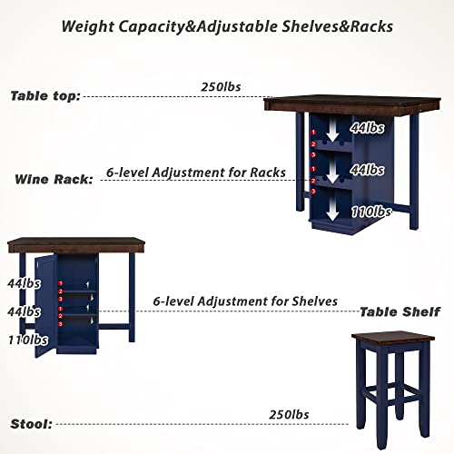 Merax 5 Pieces Dining Table Set, Farmhouse Wood Counter Height Dining Set, Kitchen Table with 3-Tier Adjustable Storage Shelves, Wine Racks and 4 Stools (Brown and Blue)