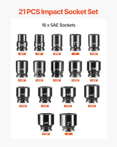 VEVOR Impact Socket Set 3/4 Inches 21 Piece Standard Impact Sockets, Socket Assortment 3/4 Inches Drive Socket Set Impact Standard SAE Sizes 3/4 Inches to 2 Inches Includes Adapters and Ratchet Handle