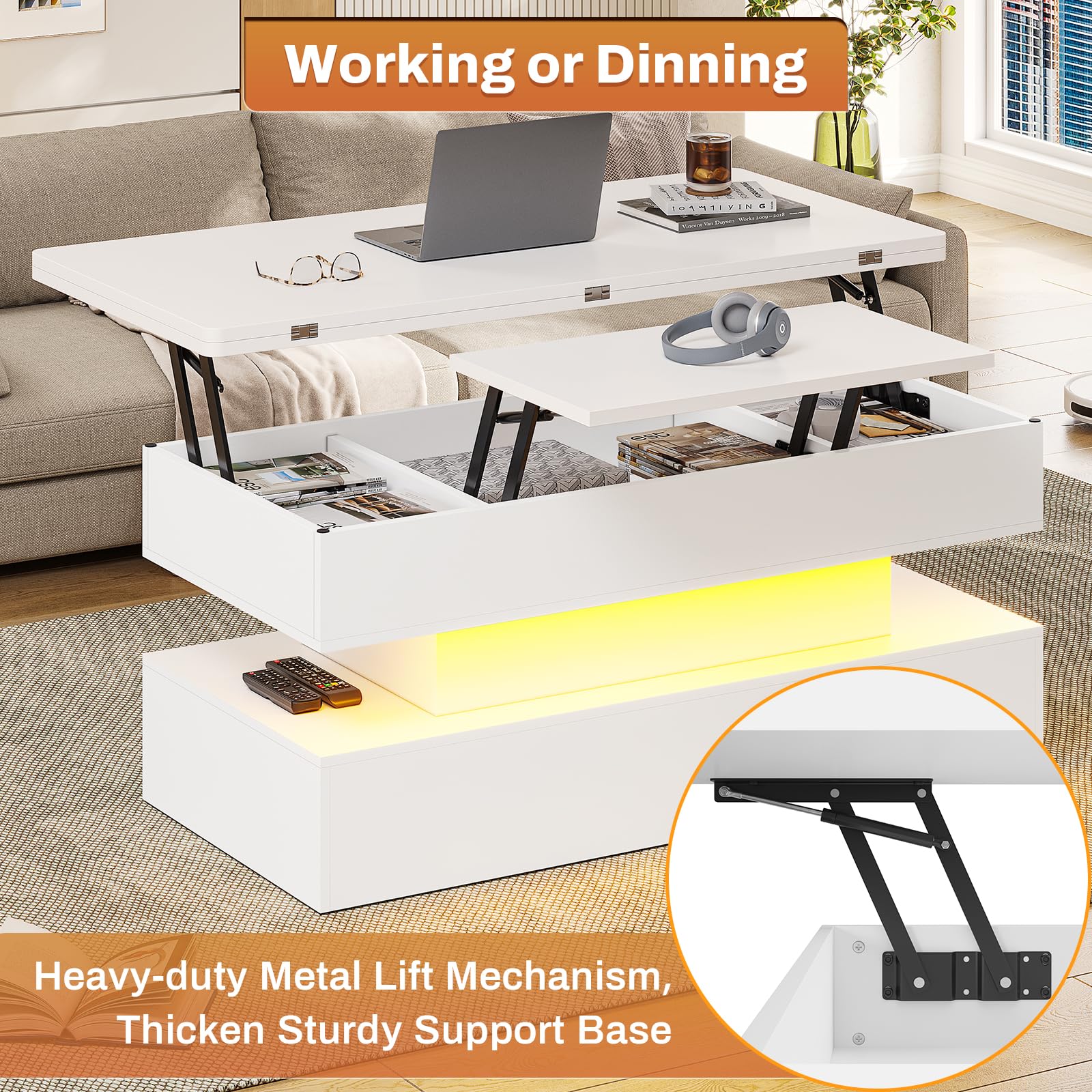 Itaar Lift Top Coffee Table, 4 in 1 Multi-Function Convertible Coffee Table with Storage & LED Light, Small Modern Coffee Tables with Hidden Compartment for Living Room, Dining Reception Room, White
