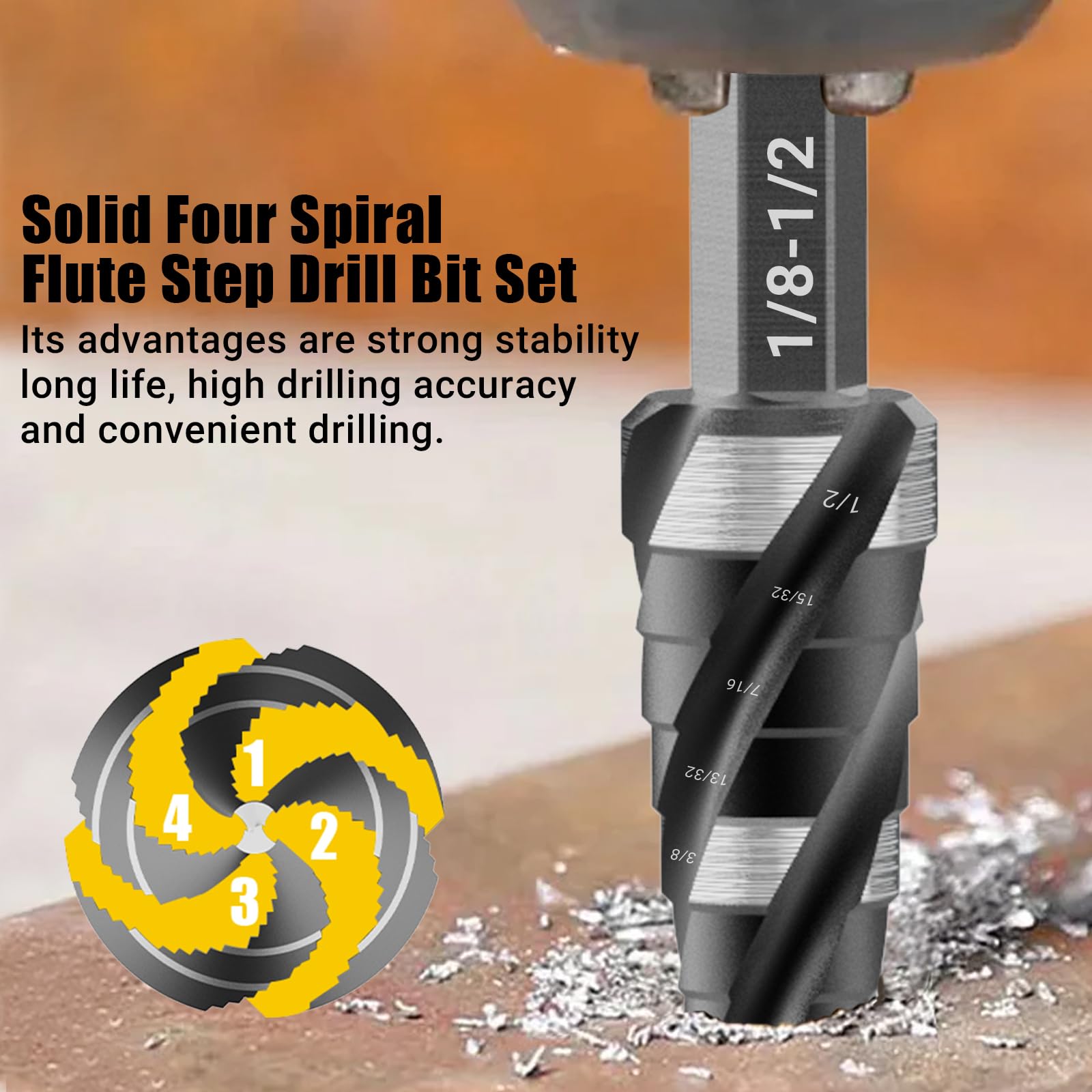 KAKILFOB Four Spiral Flute Step Drill Bit Set, 5 Pieces 1/8"-1-3/8" HSS Unibit Step Drill Bit, 1/4" and 3/8" Shank Step Bits for Metal, Aluminum, Wood, Plastic