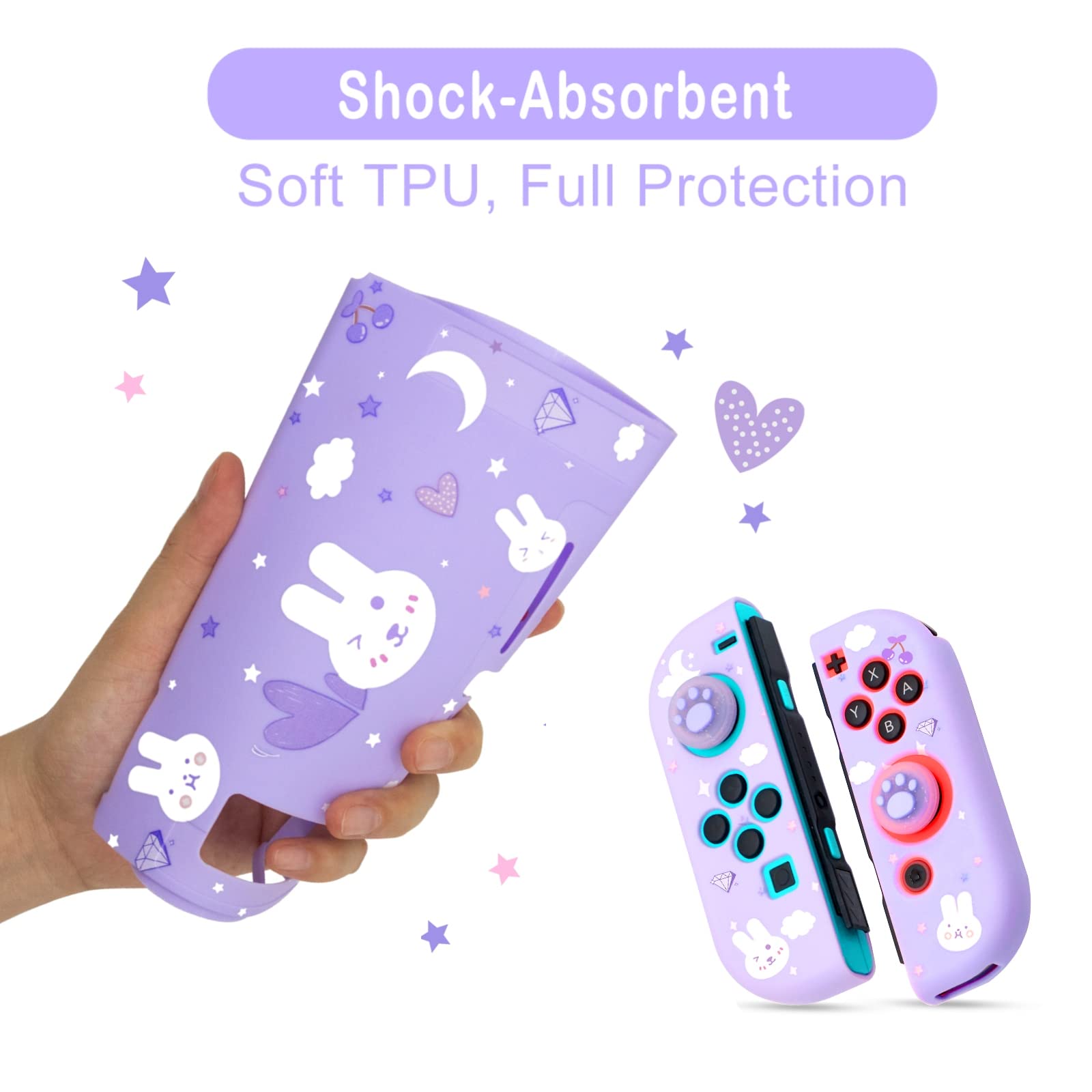 Dockable Protective Case Compatible with Nintendo Switch, Cute Soft TPU Slim Grip Cover for NS & Joy-con Controllers with 2 Cat Paw Thumb Grips Caps, Accessories Christmas Gifts for Girls-Purple Bunny