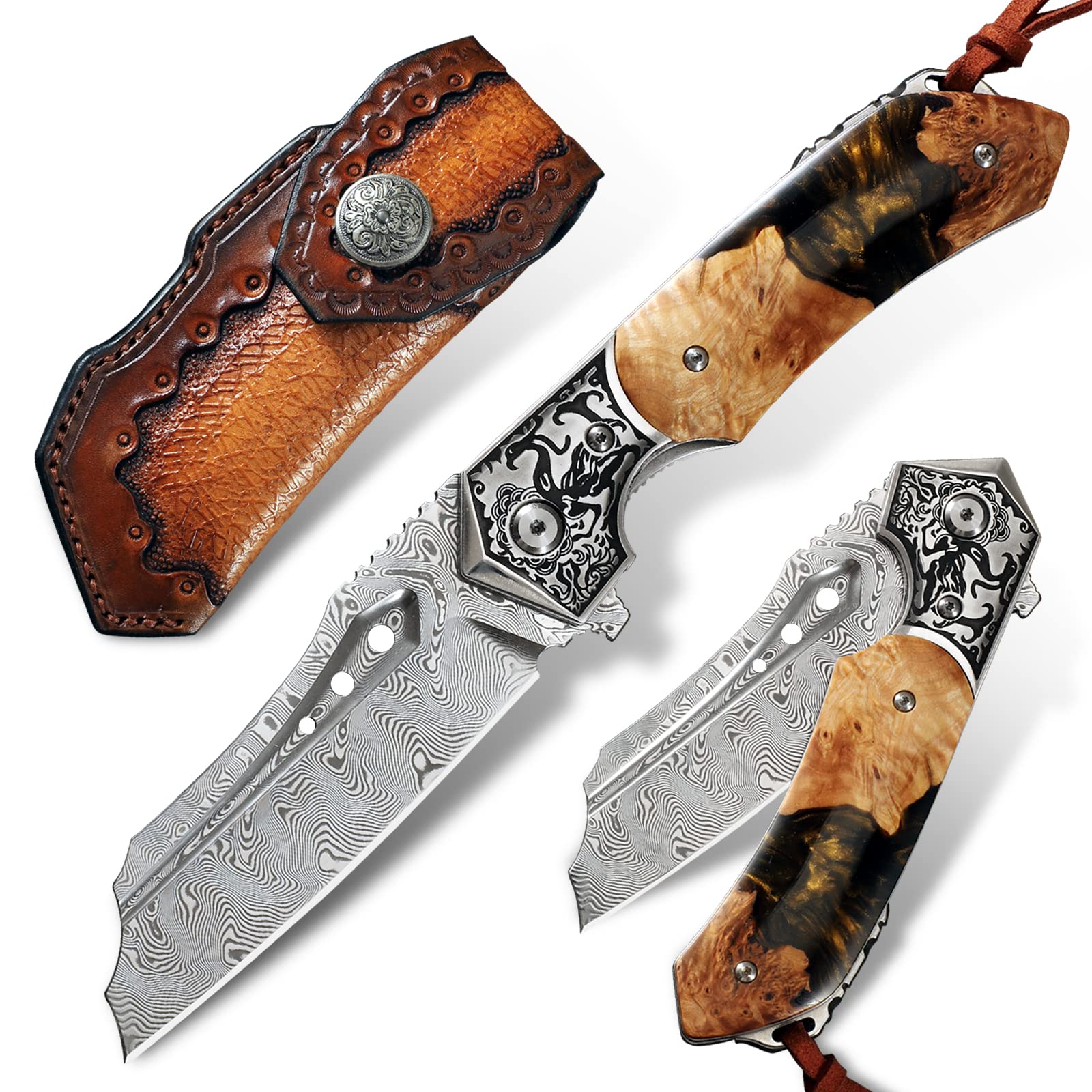 Minowe Japan Handmade Damascus steel steel Folding Pocket Knifeļ¼3.5 in High hardness bladeļ¼Frame Lockļ¼With Leather Sheathļ¼resin and Maple handleļ¼Mountaineering go fishing hunting Adventure Knifee