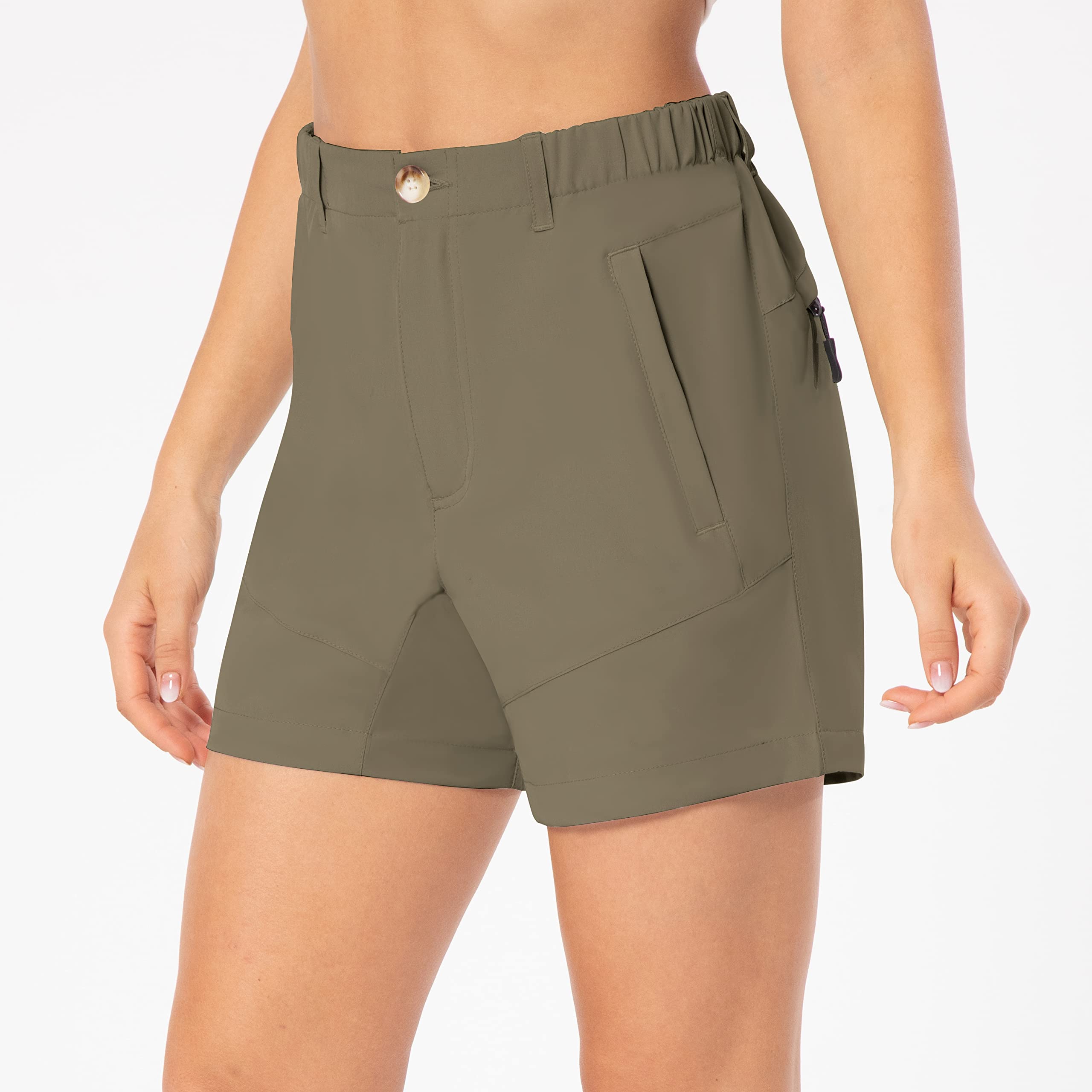 Evioset Womens 5 Inch Hiking Shorts Quick Dry Water Resistant Stretch Athletic Golf Shorts with Zipper Pockets Dark Green L