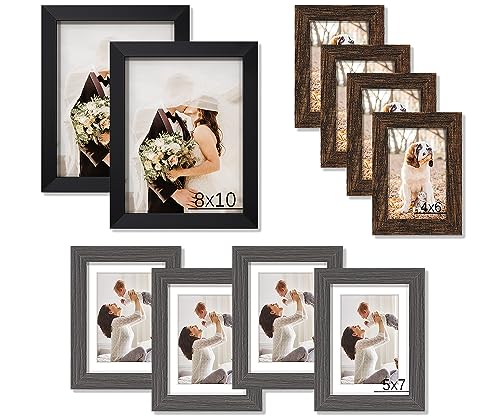 Picture Frames Set for Wall Gallery - 10 Pack Assorted Color Rustic Wooden Collage Photo Frame with Mat for Wall Decor or Tabletop Display Including Two 8x10 / Four 5x7 / Four 4x6 - Black Brown Gray