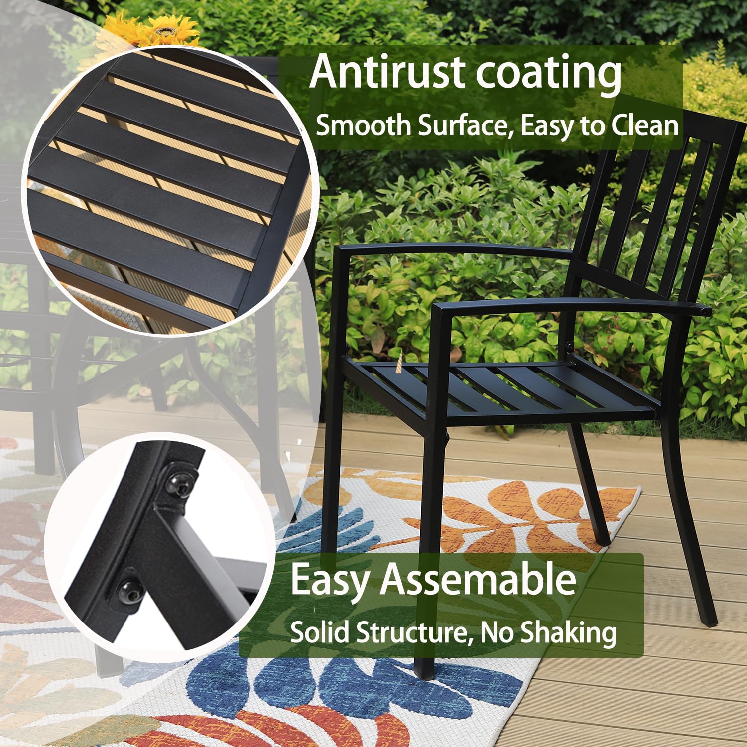 PHI VILLA Patio Dining Stackable Chairs, Outdoor Wrought Iron Furniture Set Bistro Chairs with Armrest,Black (Square Pattern, 4 Set)