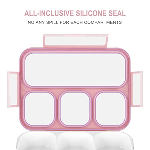 NatraProw Bento Box for Kids, 4 Compartment Kids Lunch Box Leak Proof, Cute Bento Snack Box for Adults and Kids With Utensils, Lunch Containers BPA-Free, Microwave Bento Box (Pink)