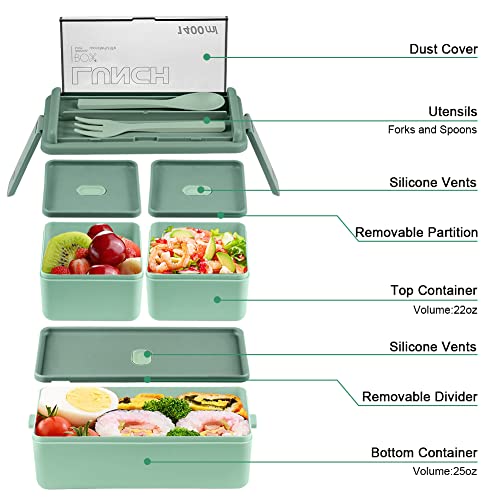 NatraProw Bento Box Adult Lunch Box, 49OZ All-in-One Lunch Containers with Removable Compartments, 3 Layers Stackable Bento Lunch Box Leak Proof, Microwave Safe