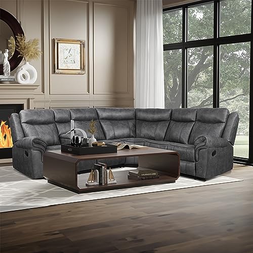 Evedy Manual Sectional, Oversized Recliner Sofas Seating with Cup Holder,Hide-Away Storage,2 USB Ports and 2 Power Sockets,for Home Theater,Living Room Furniture Set-Grey