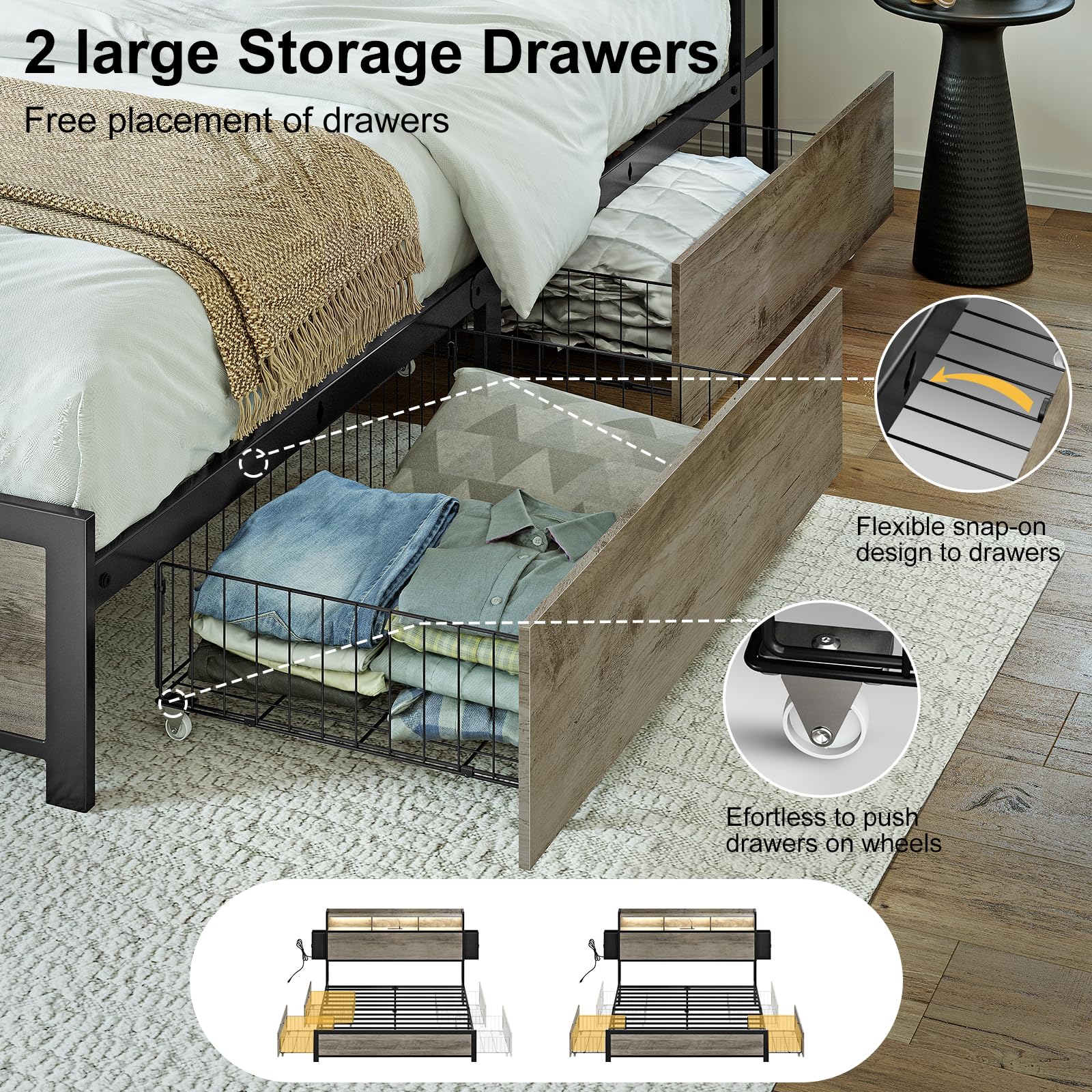 HAUSOURCE Queen Bed Frame with Bookcase Headboard and 2 Drawers LED Lights Metal Platform Non-Slip Without Noise Strong Metal Slats Support No Box Spring Needed (Greige, Queen)
