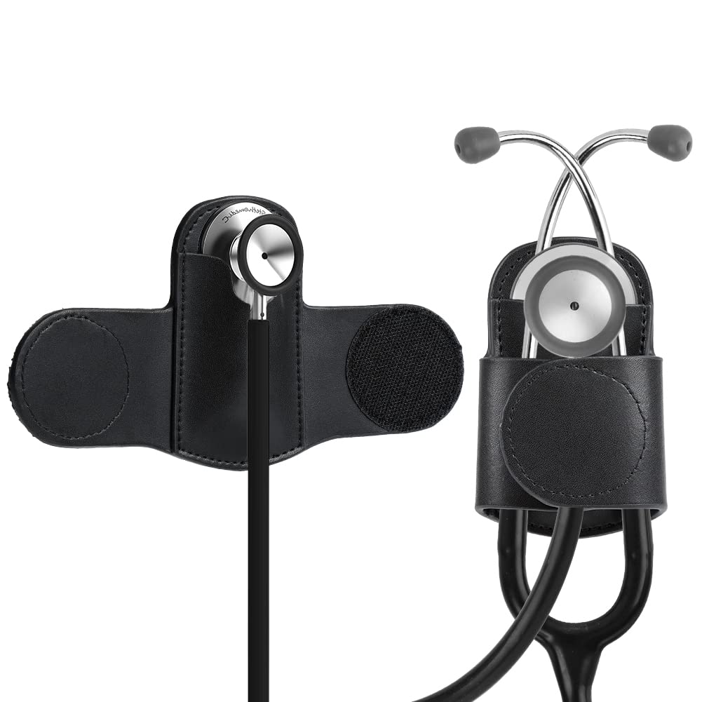 Leather Stethoscope Holder Hip Clip - Black Stethoscope Holster with Inner Pocket & Velcro Closure for Doctors/Nurses/Scrubs/EMT