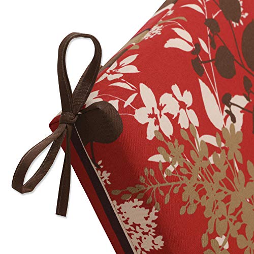 Pillow Perfect Reversible Floral Stripe Indoor/Outdoor Solid Back 1 Piece Square Corner Chair Cushion with Ties, Deep Seat, Weather, and Fade Resistant, 36.5" x 18", Brown/Red Monserrat, 1 Count