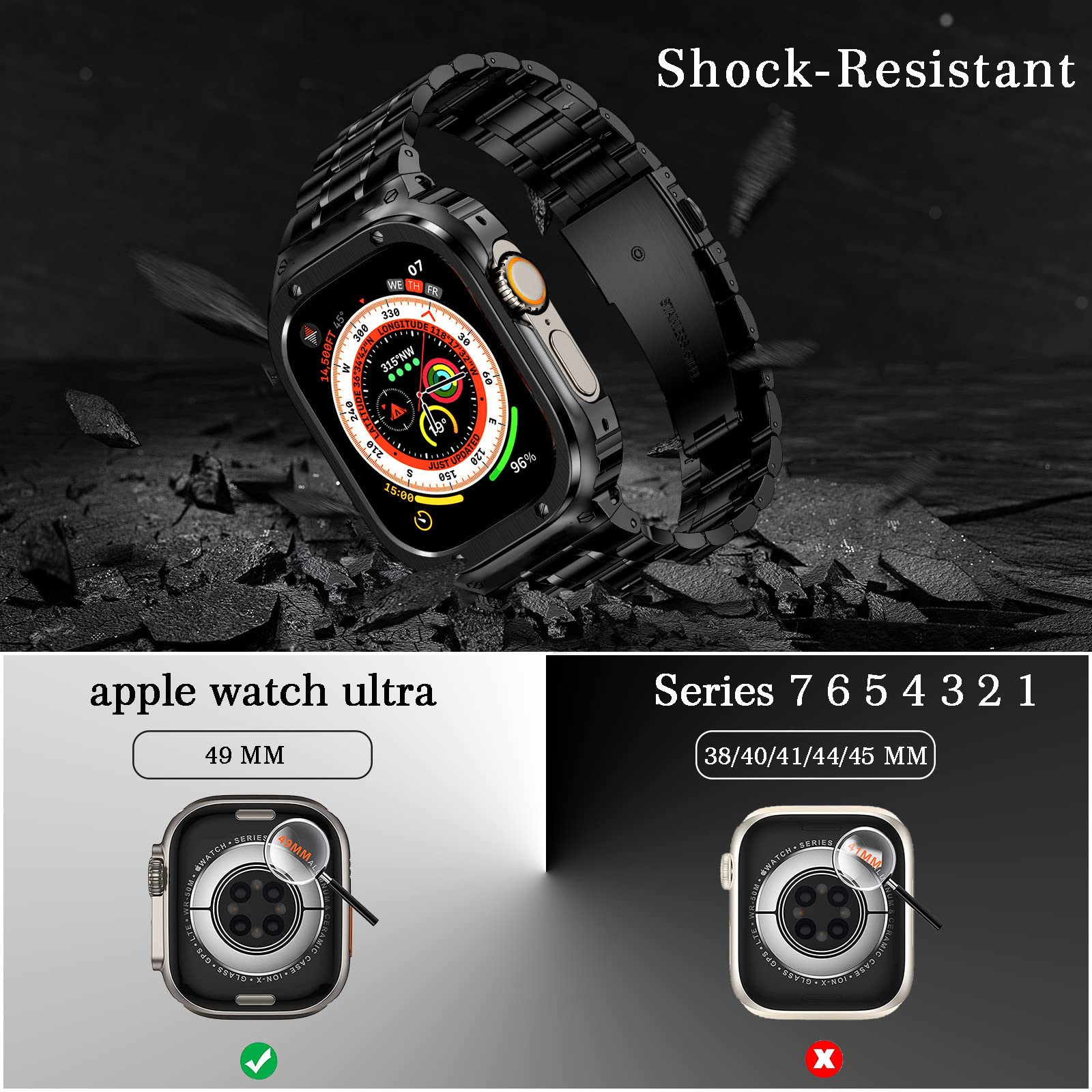 HASLFM Stainless Steel Watch Band with Case Compatible with Apple Watch Ultra/Ultra 2(49mm),Metal Strap and Rugged Protective Cover for iWatch Bands Cases Men, Black
