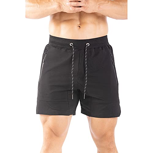 Gerlobal Men's 5" Gym Workout Shorts Fitted Running Athletic Bodybuilding Shorts for Men with Zipper Pockets Black,Large