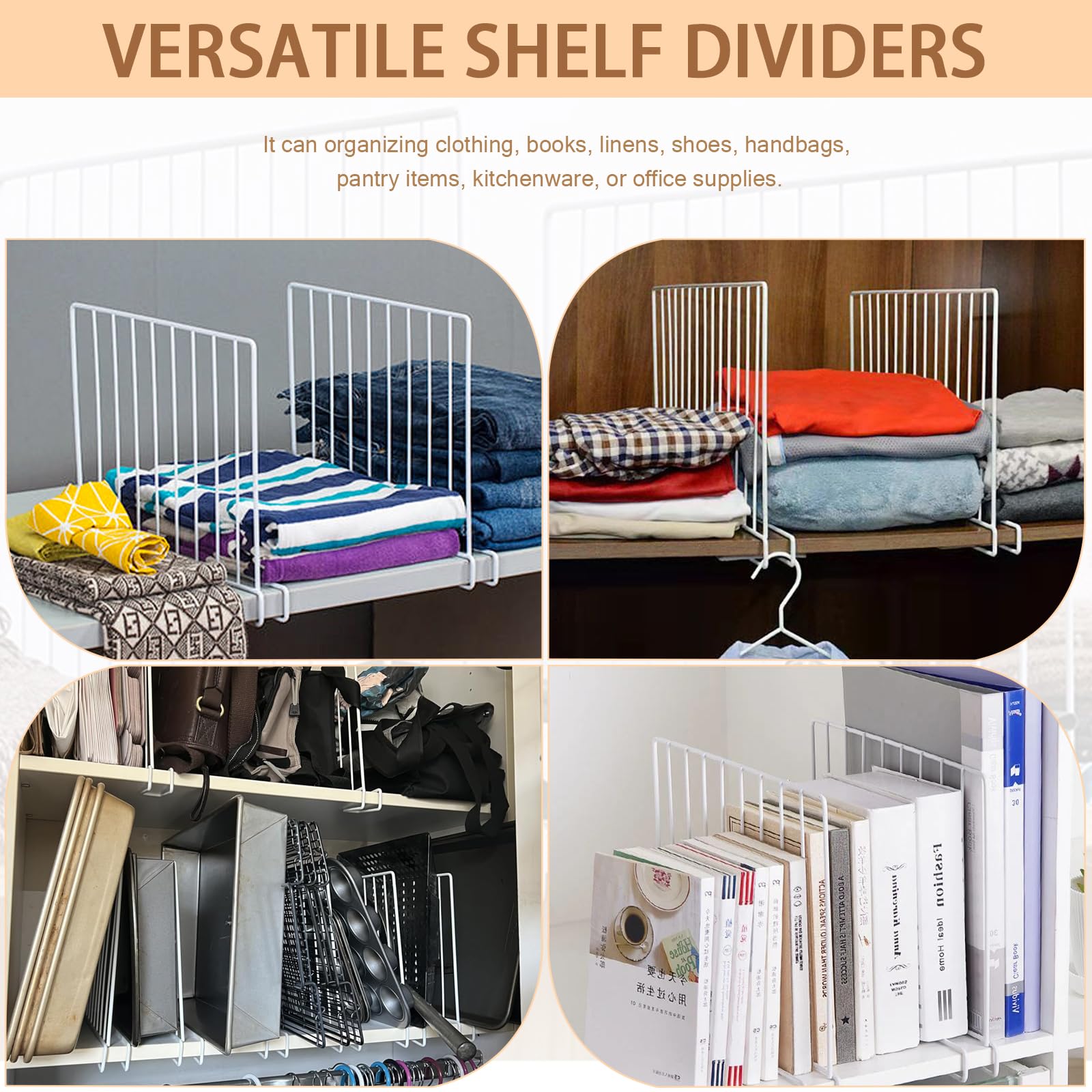 IVONNEY Wire Shelf Dividers Closet Organization, 8 Pack Metal Closet Dividers, White Wire Shelf Separators - Closet Shelf Dividers for Wood Shelves, Vertical Wire Shelving Dividers