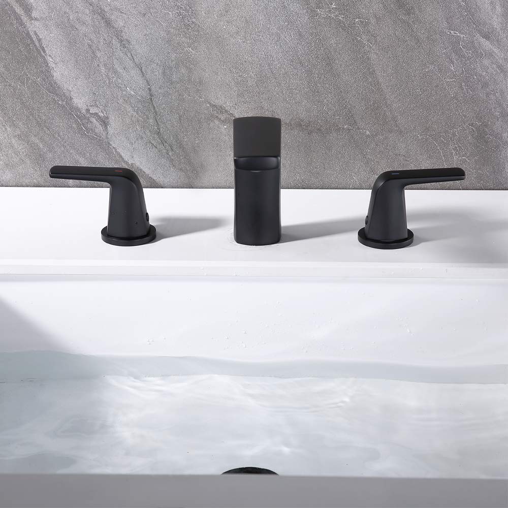 JAKARDA 8 inch 2 Handles Widespread Bathroom Faucet 3 Holes with Pop up Drain Assembly and Water Supply Lines (Black)