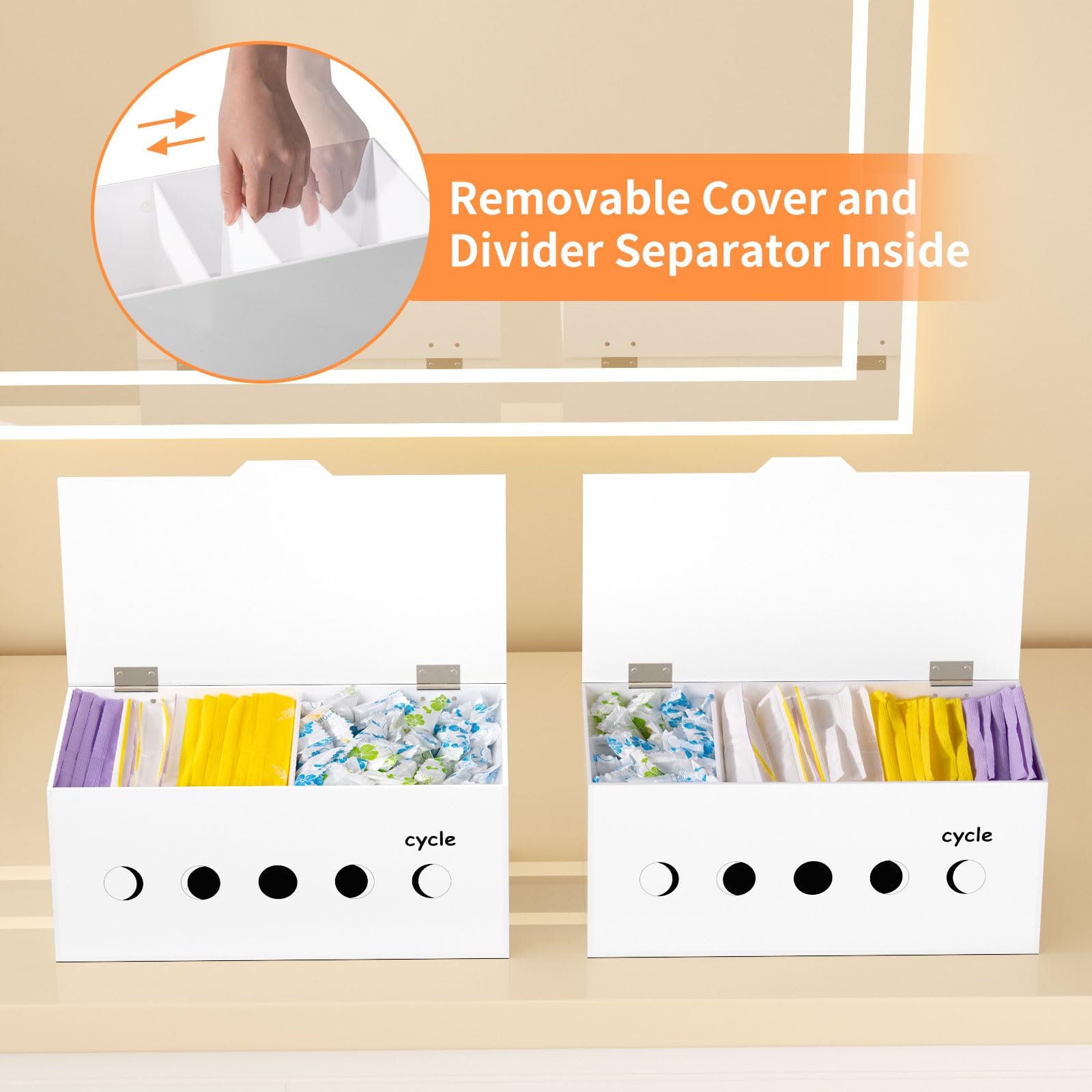 FEMELI Tampon Holder for Bathroom, Acrylic Cycle Pad Storage Organizer with Lid, Discreet Feminine Women Products Case Container Period Bin for Shark Week Bathroom Accessories Decor Box