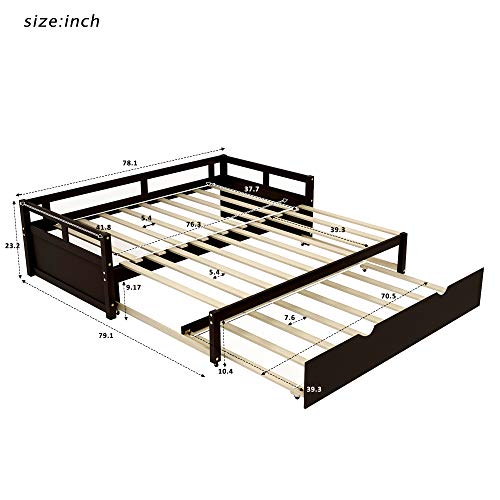 Merax Modern Wood Daybed with Pop Up Trundle Twin to King Triple Sofa Bed Frame for Kids Teens Adults/No Box Spring Needed Espresso