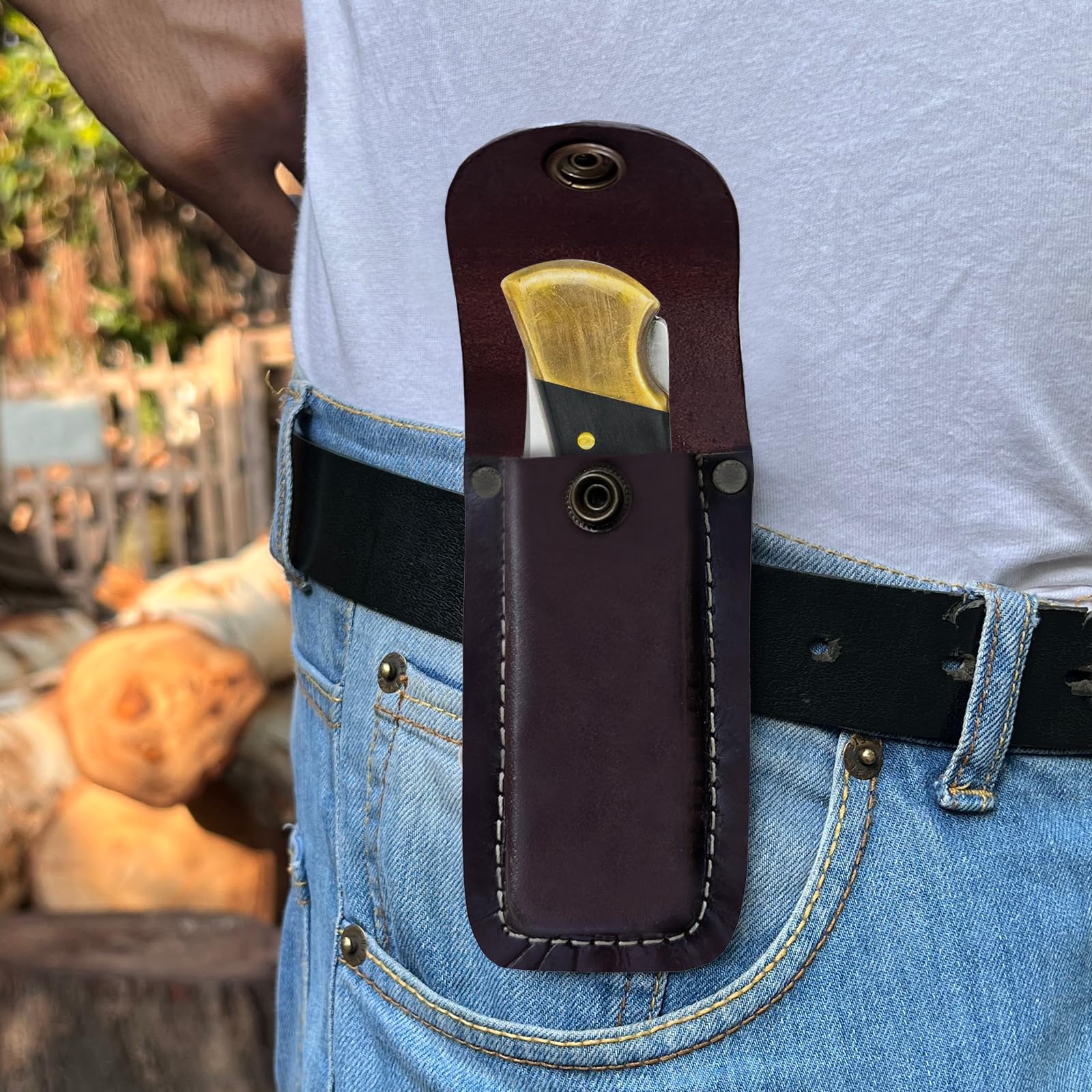 LEATHUX Leather Knife Sheath for Belt, Handmade 5.5β Folding Knife Buck 112 & Buck 110 Sheath, Pocket Knife Holster, Brown
