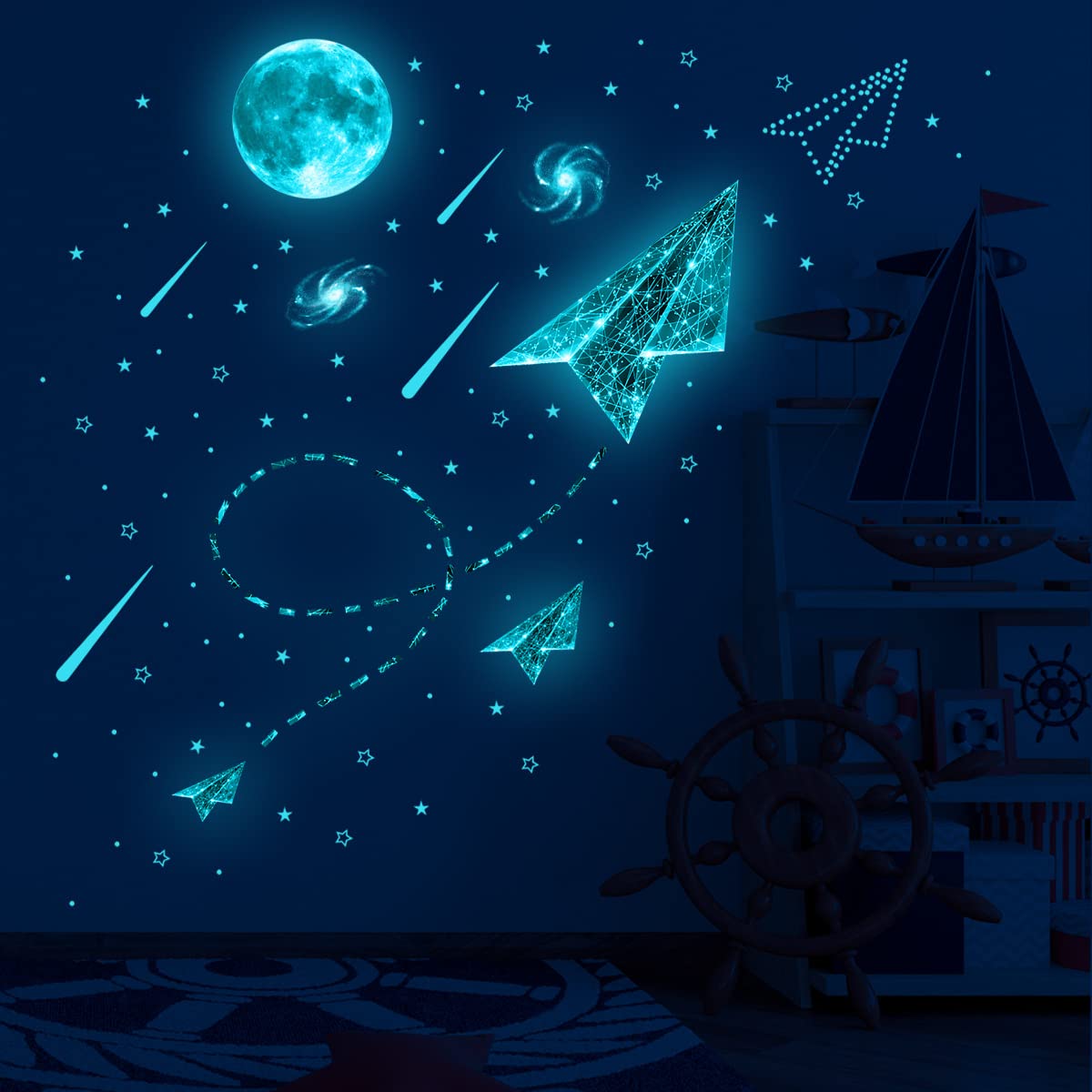 Glow in The Dark Starry Sky Wall Decals for Ceiling Luminous Paper Plane Galaxy Wall Stickers for Baby Kids Nursery Bedroom Ceiling Decor