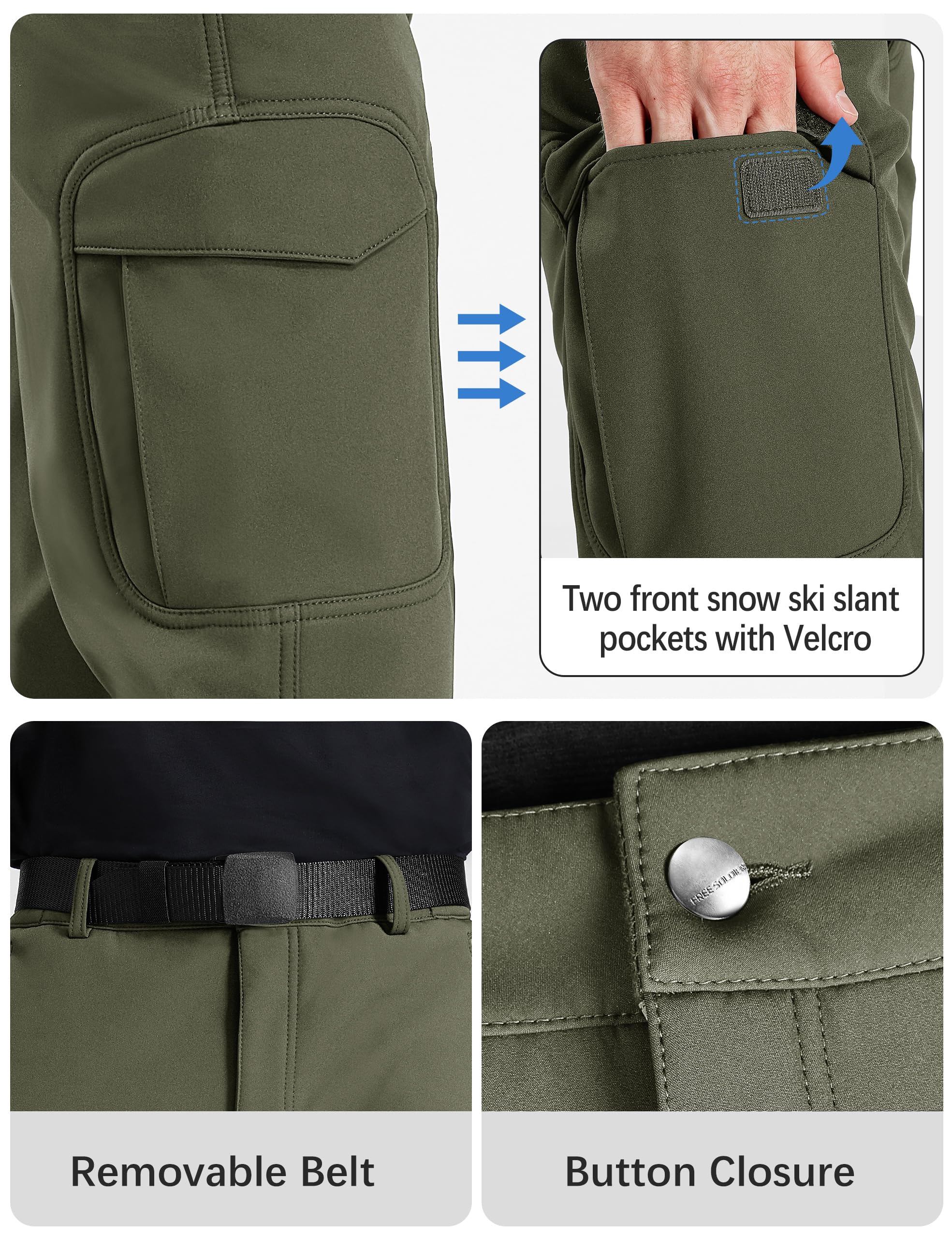 FREE SOLDIER Men's Outdoor Softshell Fleece Lined Cargo Pants Snow Ski Hiking Pants with Belt (Army Green 32W x 32L)