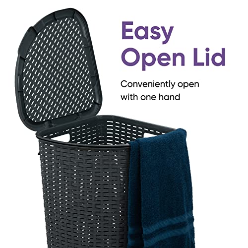 Plastic Corner Laundry Hamper with Lid, Curved Designed Laundry Basket, 2 Pack Triangle Grey Cloths Hamper Organizer with Cut-out Handles for Laundry Room Bedroom Bathroom, Wicker Design, 50 Liter