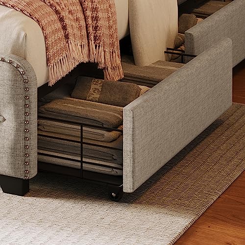 King Size Upholstered Platform Bed Frame with 4 Storage Drawers, Metal Bed Frame with Button Tufted Headboard and Footboard Sturdy Wood Slat Support, No Box Spring Required, Beige (Beige-KZC9A)