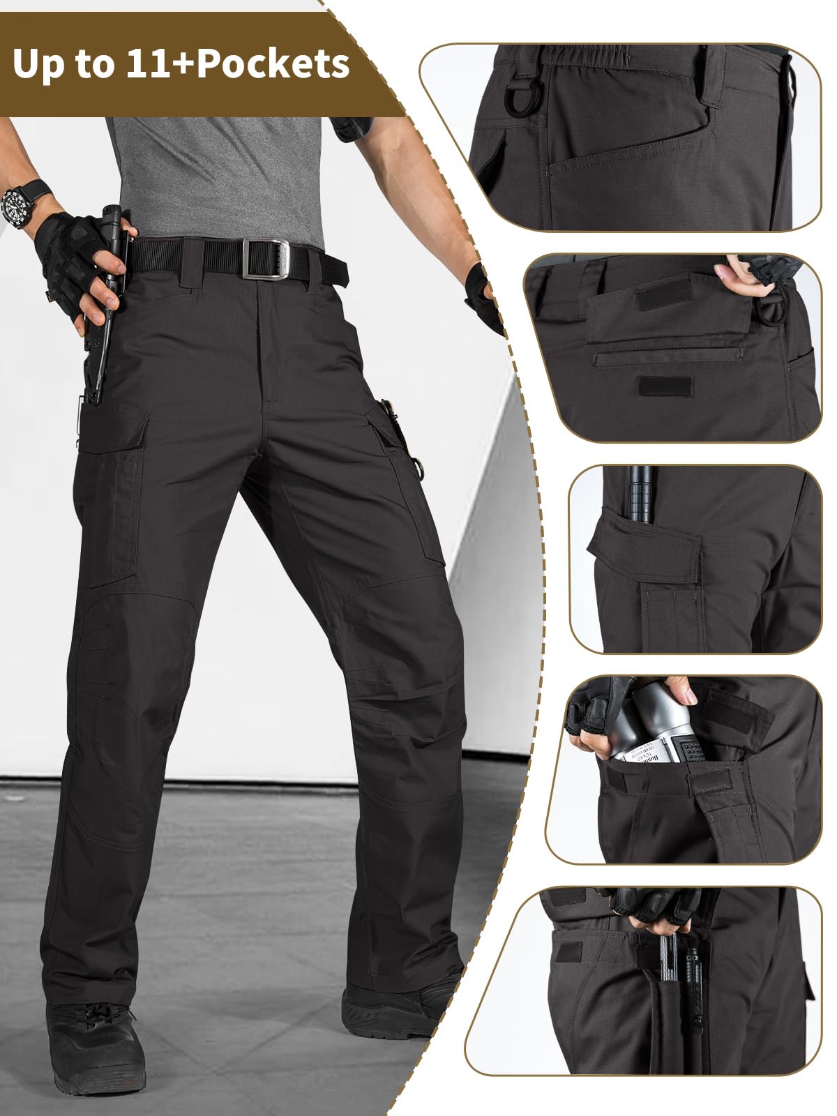 FREE SOLDIER Men's Water Resistant Pants Relaxed Fit Tactical Combat Army Cargo Work Pants with Multi Pocket (Black 32W x 32L)