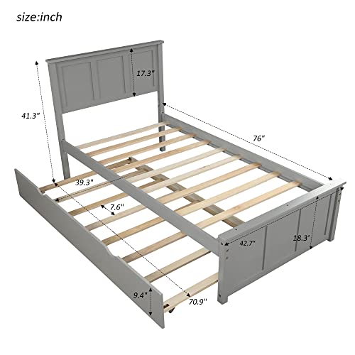 Merax Twin Size Platform Bed with Trundle, Twin Bed Frame with Headboard/Mattress Foundation/Strong Slat Support/No Box Spring Needed, Grey