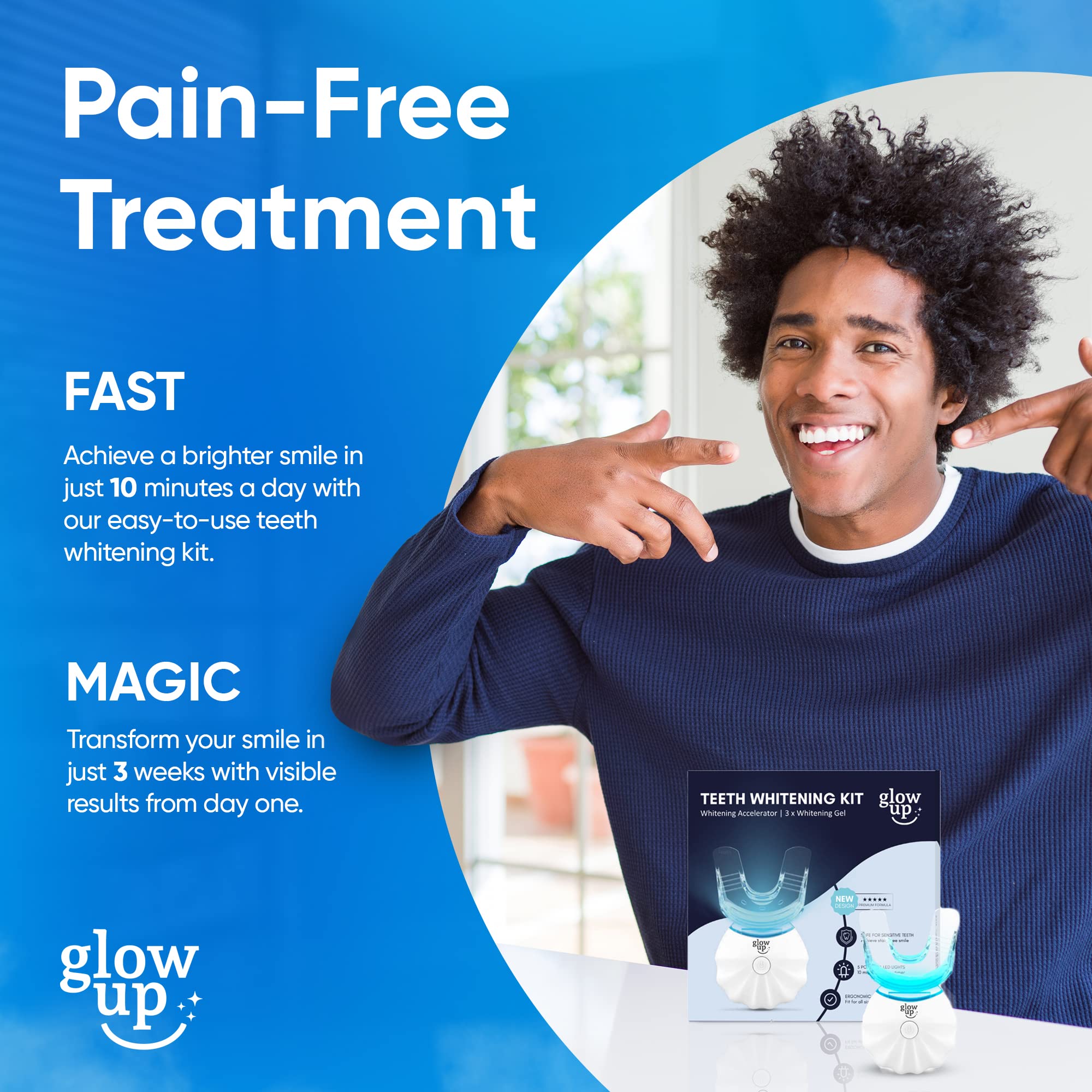 Glow Up Teeth Whitening Kit for Sensitive Teeth with Blue LED Light, 10-Minute Instant Tooth Whitener Set with 3 (5ml) Syringes of 35% Carbamide Peroxide Mint Flavored Gel & Tray Case