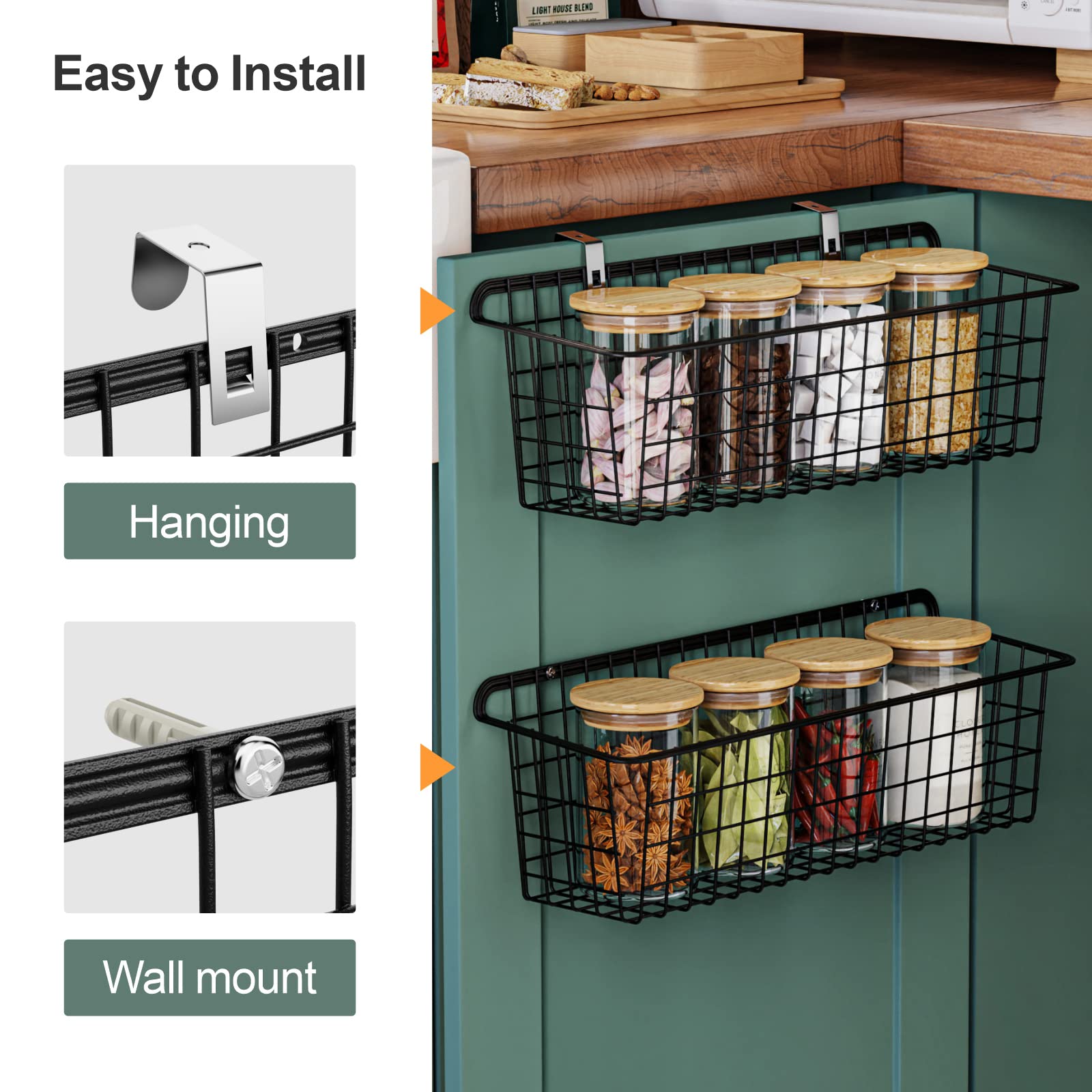 iSPECLE 2 Pack Black Metal Wall Baskets, Add Storage Space in Bathroom Kitchen, Durable and Sturdy, Easy to Install, Hanging or Nailed
