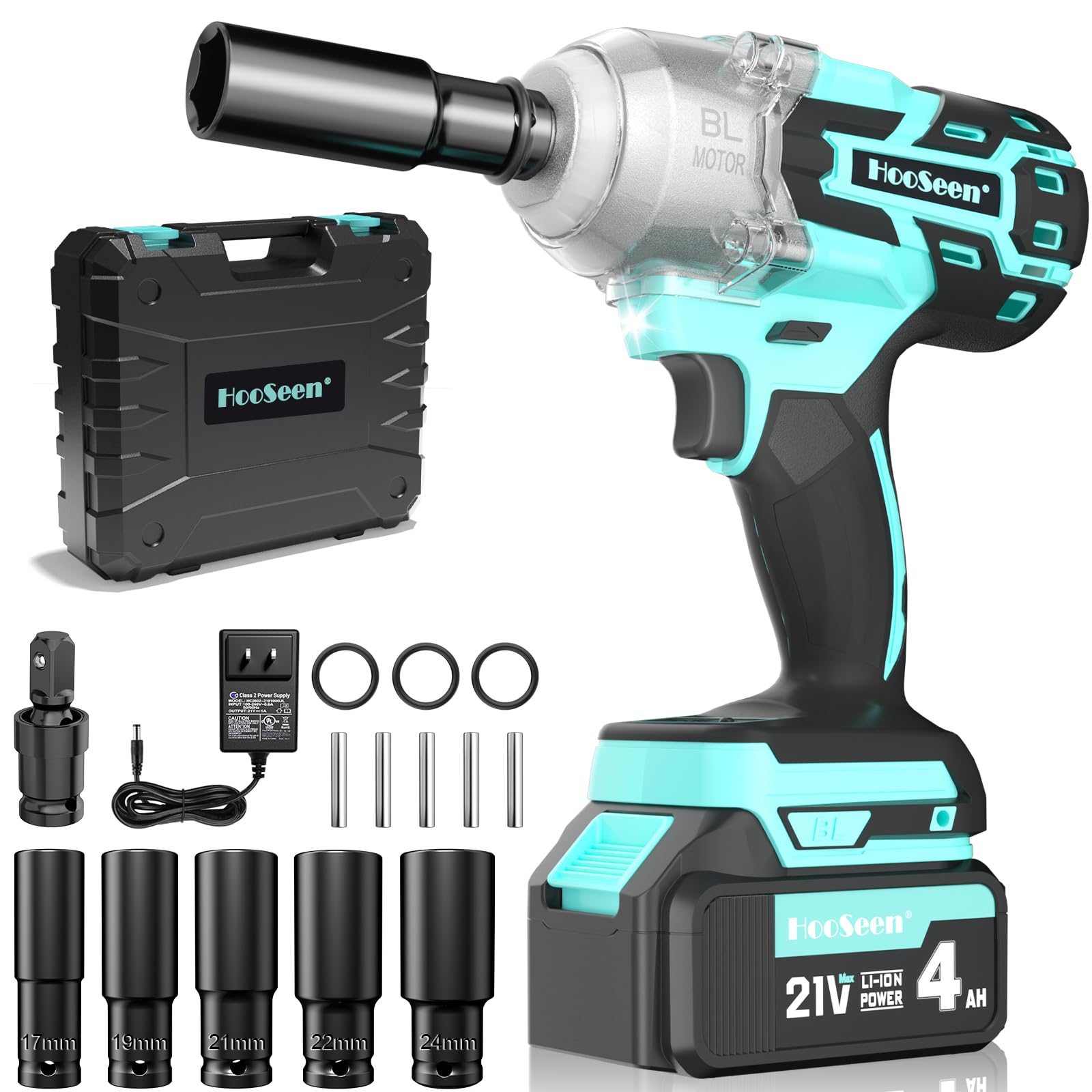 HooSeen Power Cordless Impact Wrench - 1/2 inch 21V Brushless Impact Gun Max Torque 445 Ft-lbs (600N.m), Electric Impact Wrenches with 4.0Ah Li-ion Battery & Fast Charger (Light Blue)
