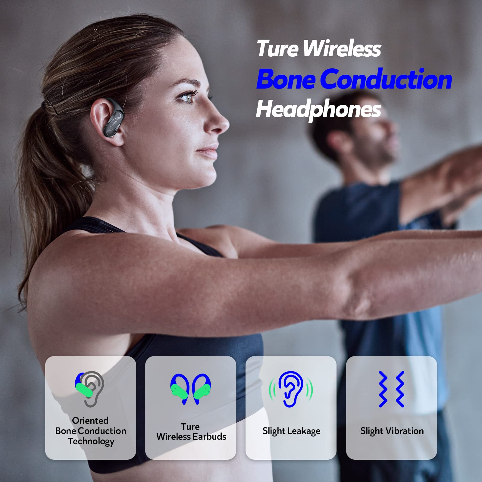iqua Bone Conduction Headphones Waterproof Bluetooth 5.3 Sport Headphones,True Wireless Earbuds with Earhooks,Bone Conduction Earbuds with Mic Half Open Ear Headphone for Running Cycling (B-Black)