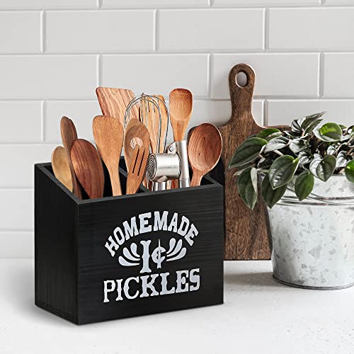 Y&ME YM Kitchen Utensil Holder, Wood Utensil Crock, Kitchen Utensil Caddy With 2 Compartments, Farmhouse Utensil Organizer Cookware Caddy, Rustic Utensil Organizer for Kitchen