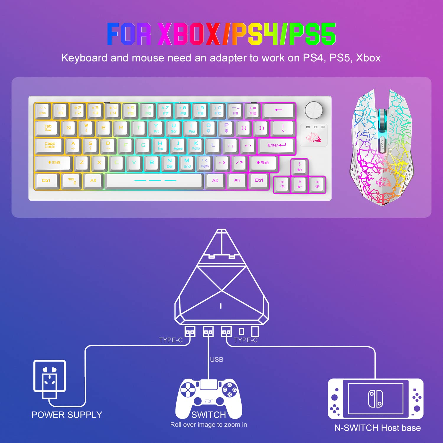FELICON Small Double Color Keyboard and Mouse Combo, Rechargeable RGB Backlit 64 Key TKL Mechanical Keyboard and Crack Backlight Mouse, Mouse Pad for PC, MAC, Gamer