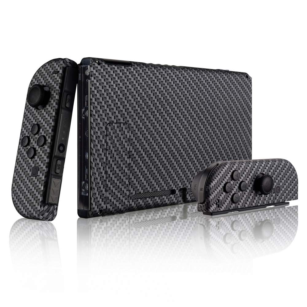 eXtremeRate Soft Touch Grip Back Plate for Nintendo Switch Console, NS Joycon Handheld Controller Housing with Full Set Buttons, DIY Replacement Shell for Nintendo Switch - Black Silver Carbon Fiber