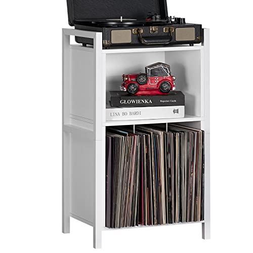 YAHARBO White Record Player Stand, 3-Shelf Vinyl Record Holder with Storage, Record Stand, Vintage Turntable Stand Holds Up to 100 Albums, Record Table with Handle for Living Room, Bedroom, Office