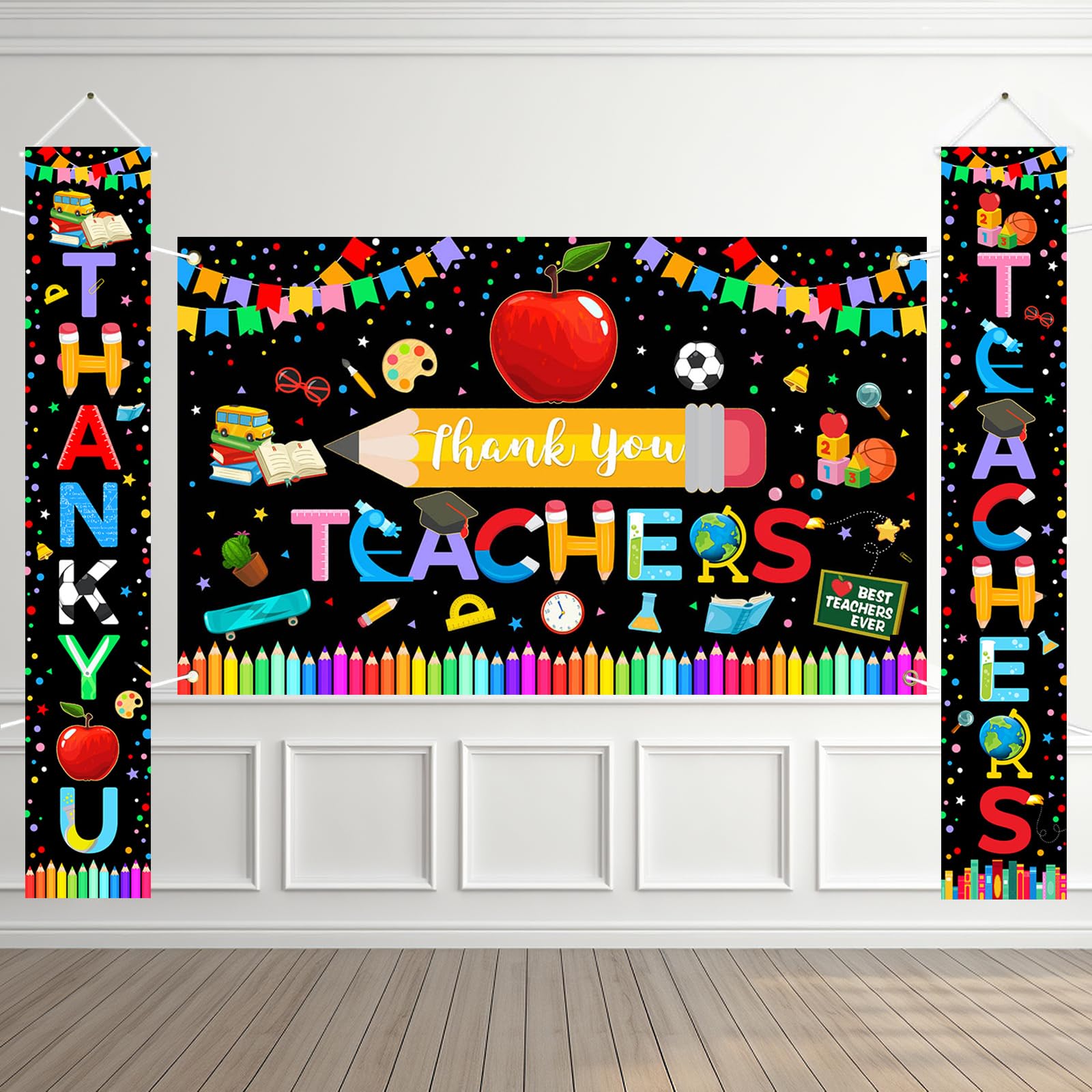 Lecheme Thank You Teachers Decorations Teacher Appreciation Week Porch Signs Backdrop Teacher Appreciation Banner for School Classroom Decor (Black, 71x43'')