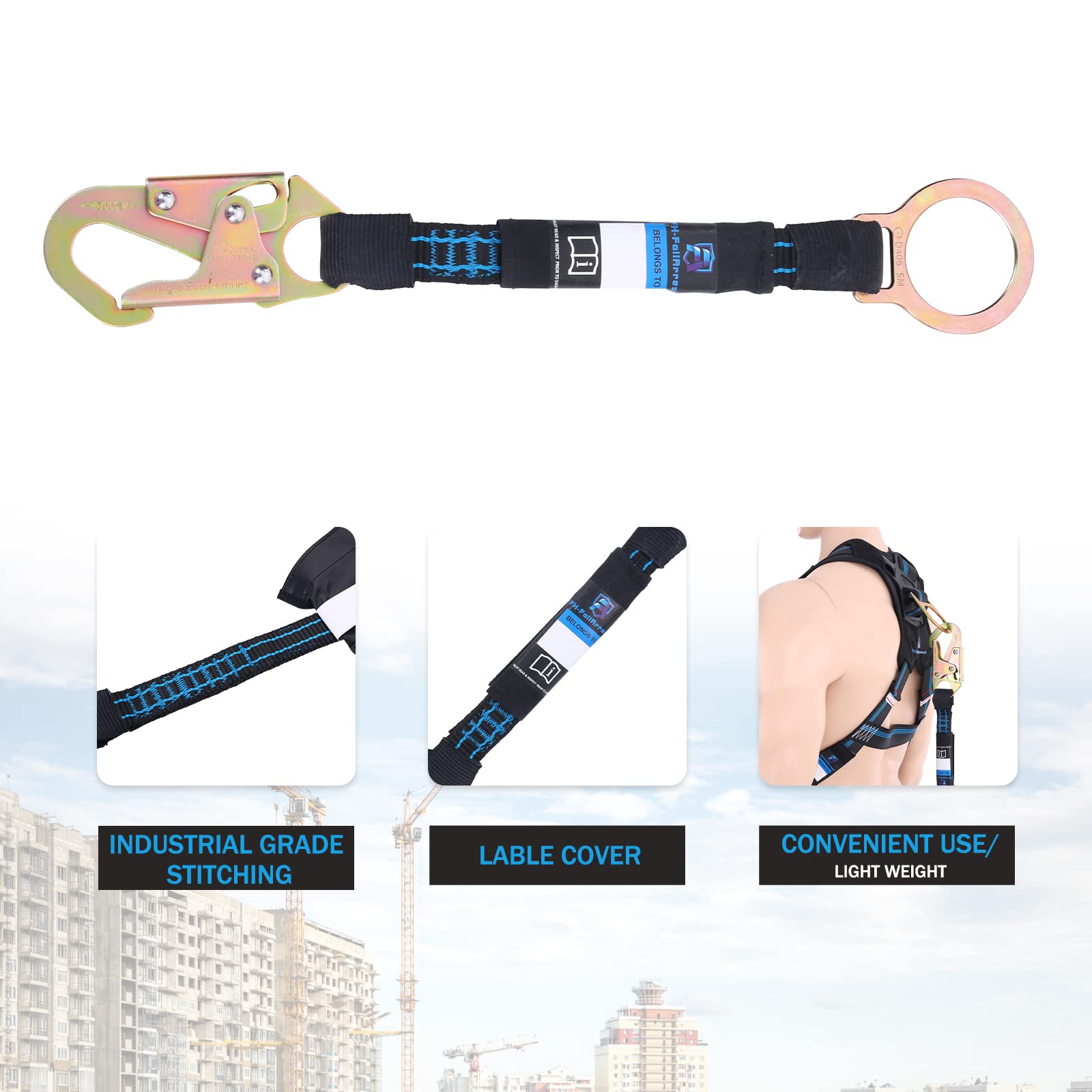 FHFallArrest 18 Inch D Ring Extender with Galvanized Steel Self Locking Snap Hook and O Ring,Heavy Duty Fall Protection Safety Harness Extension Lanyard,For Construction & Roofing, OSHA/ANSI Compliant