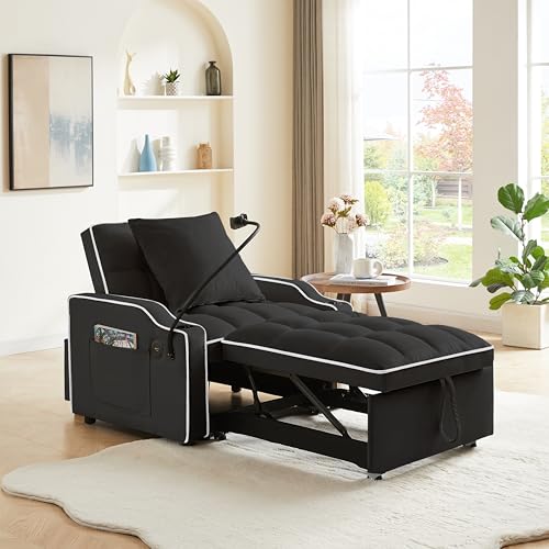 Miscoos 35" Twin Size Convertible Sleeper Chair Bed-3 in 1 Pull Out Sofa Bed, Small Couch Chair, Lazy Single Armchair for Temperory Sleeping Gaming Napping, Chaise Lounge Sofa for Living Room Bedroom