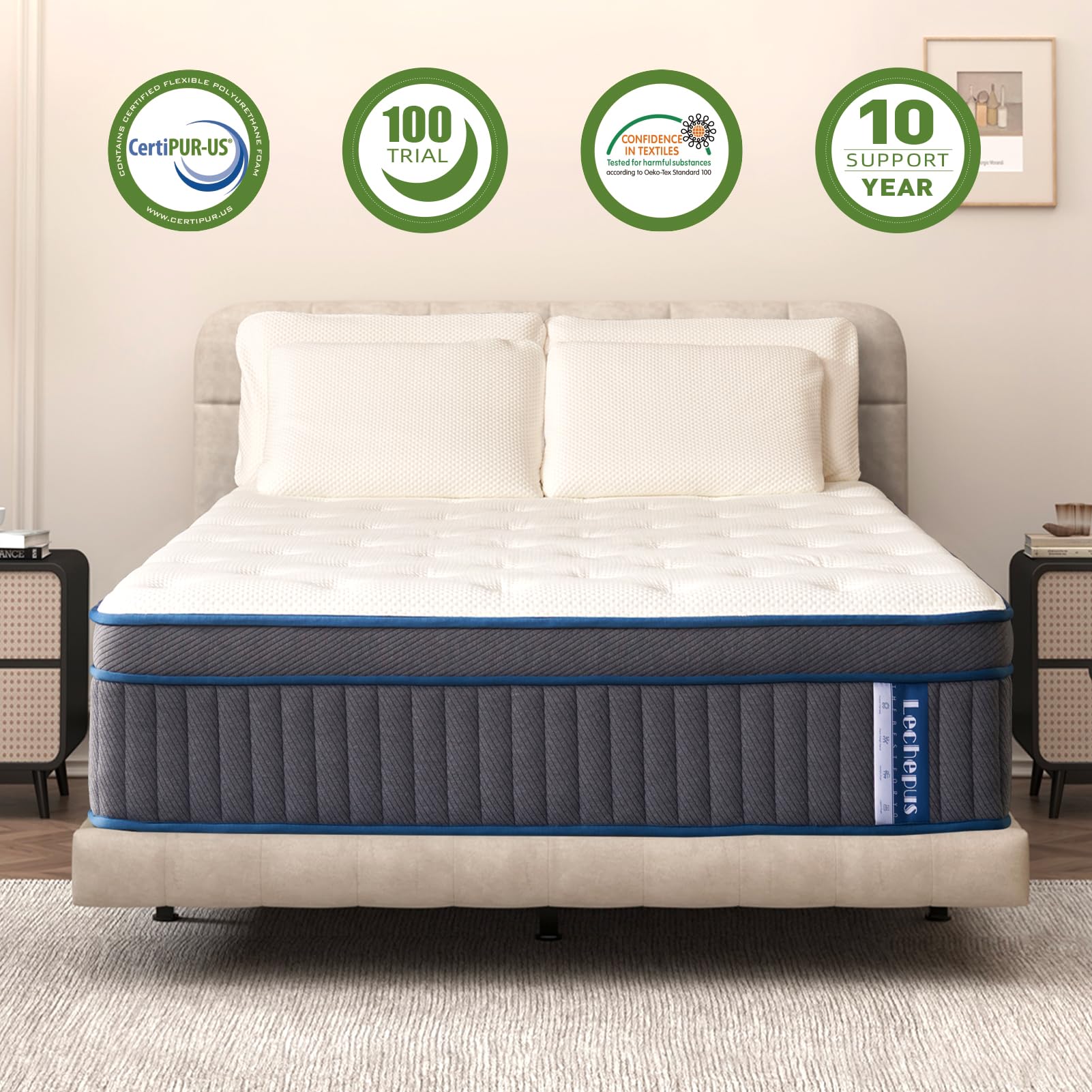 Lechepus TwinXL Mattress, 14Inch Gel Memory Foam with 7-Zone Pocket Spring Mattress TwinXL Size, Cooling Sleep and Pressure Relief, Medium Plush Hybrid Mattresses in Box for Motion Isolation