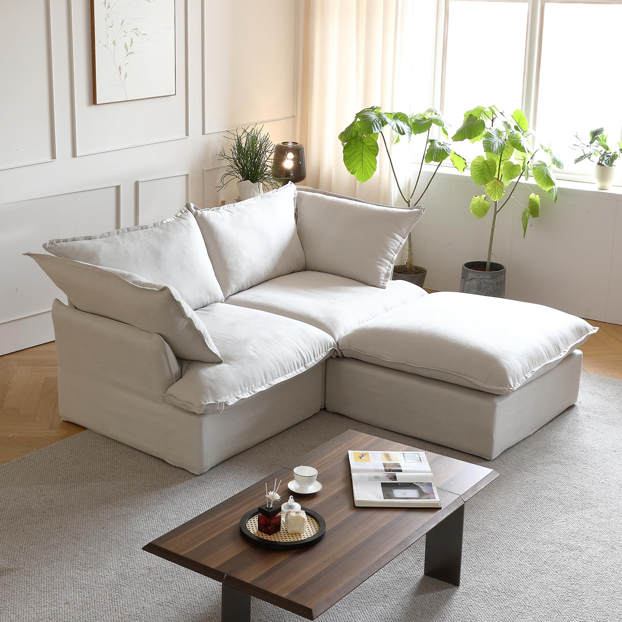 JACH 82"" Sectional Love Seat Couches, Modular Sectional Couch with Chaise Ottoman, Cushion Covers Removable, Modern Comfy Sectional Sofas for Living Room (Beige), 120BE-2+1