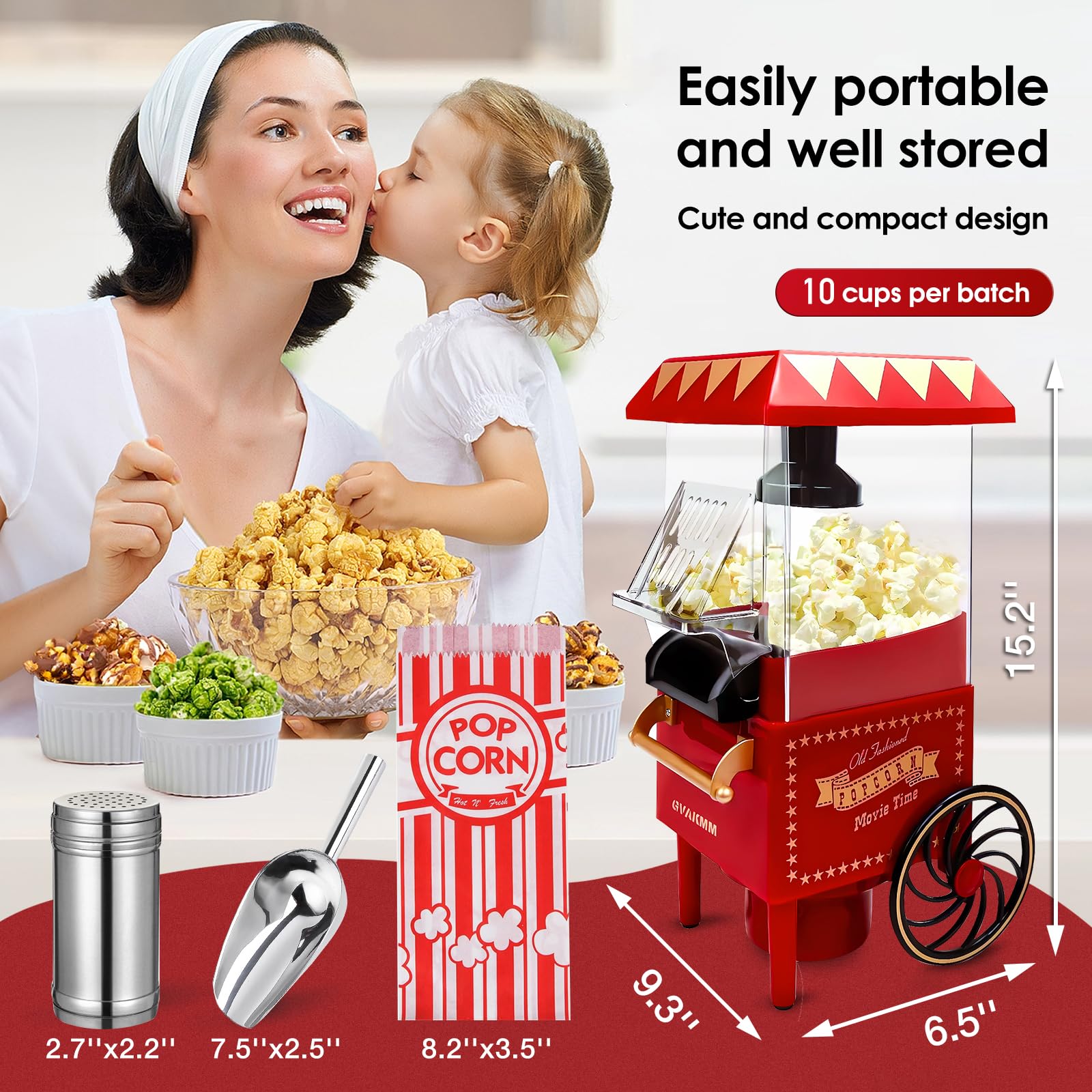 GVAKMM Popcorn Machine, Hot Air Popcorn Maker, Portable Home Popcorn Popper Machine, 10-Cup,Oil-Free,Retro Style,Compact and Cute