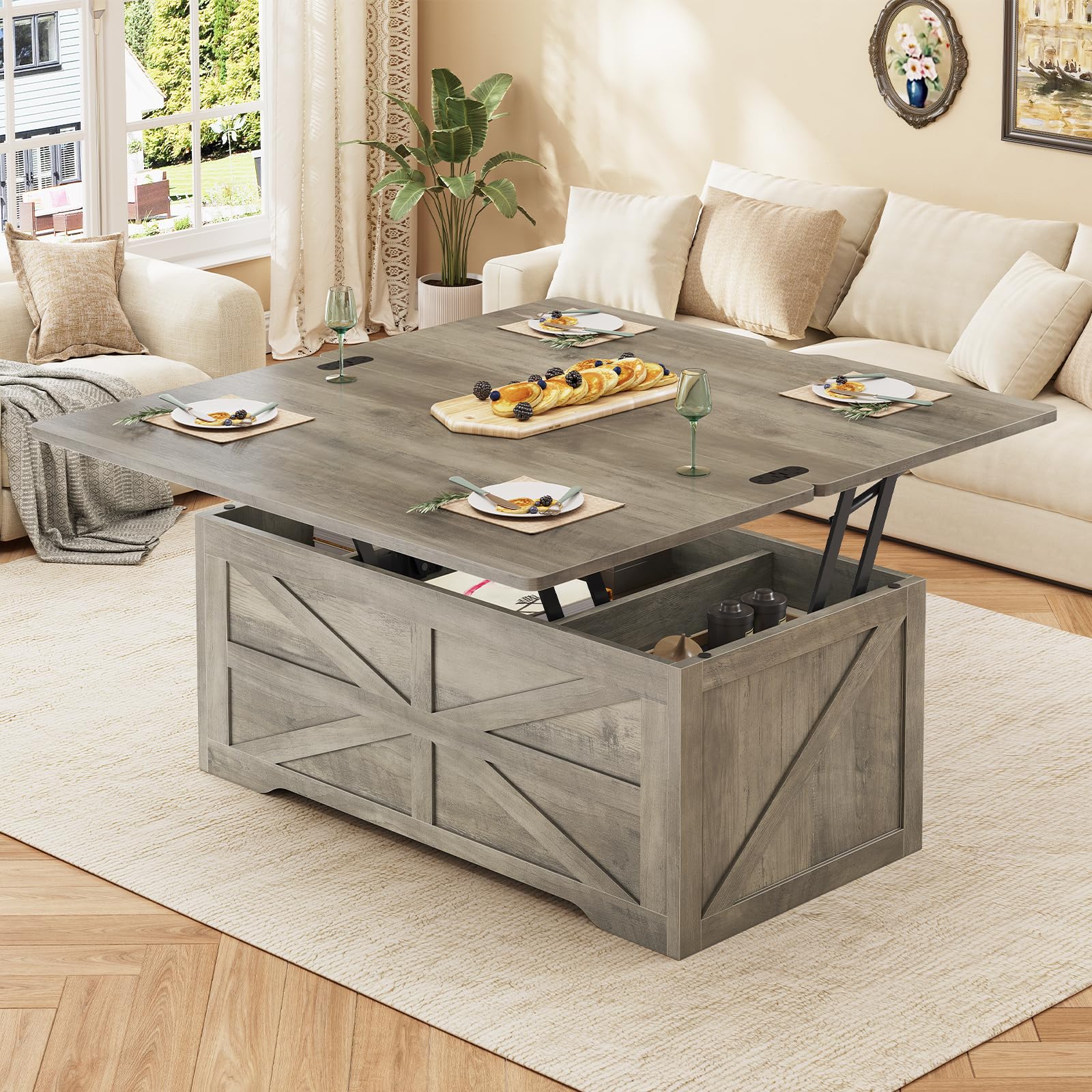 Itaar Farmhouse Coffee Table, Lift Top Coffee Table with Large Hidden Compartment, Rustic Center Table with Barn Door, for Living Room, Office, Grey