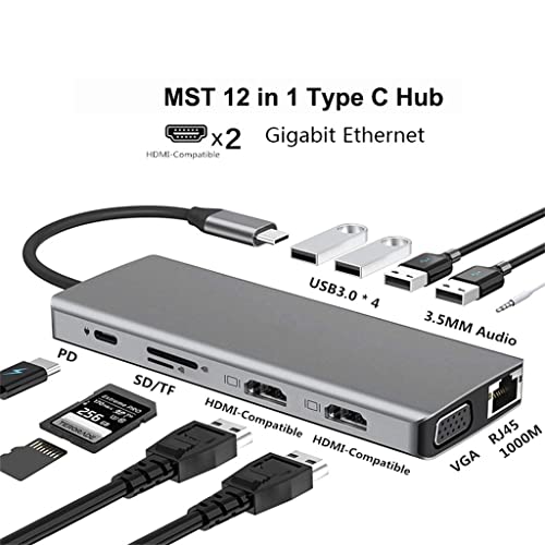 LLAMN 12 in 1 USB C HUB Type C Adapter to 4K VGA RJ45 LAN Ethernet SD/TF Hub 3.5MM AUX 12 Port