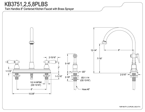 Kingston Brass KB3755PLBS Deck Mount Center Kitchen Faucet Porcelain Handle with Brass Sprayer, 8-1/2", Oil Rubbed Bronze