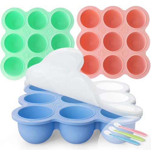 Wellrise 3 Pack Baby Food Storage Containers with Lid and Spoon Reusable Silicone Baby Food Freezer Tray 9 Cup 2.6 oz Stackable Mold Baby Feeding Set for Food Vegetable Fruit Puree and Breastmilk