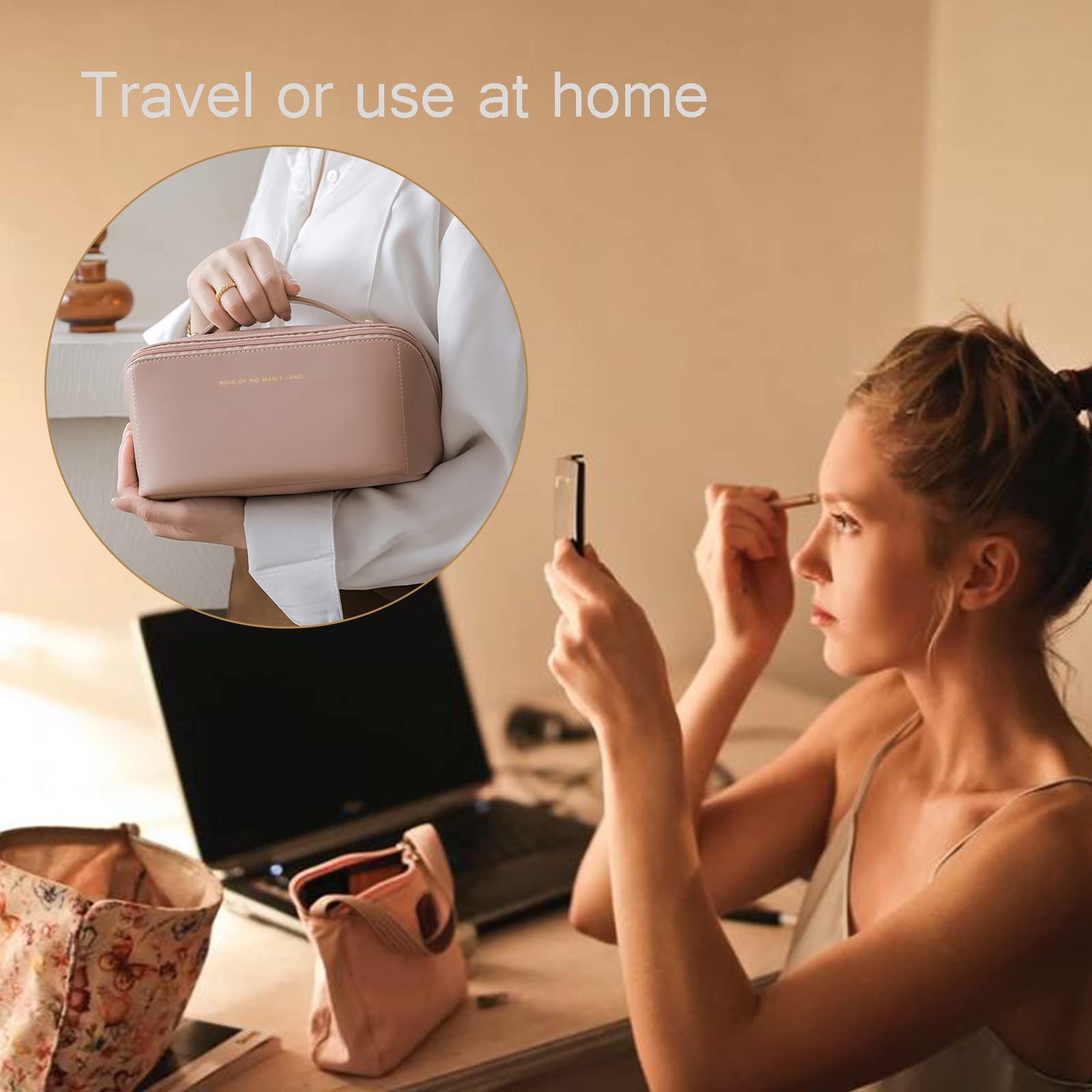 ISENSHI Large Capacity Cosmetic Travel Bag for Easy Access, Waterproof Bag for Makeup, Toiletry, Skincare, Cosmetics With Handle and Divider (Pink)