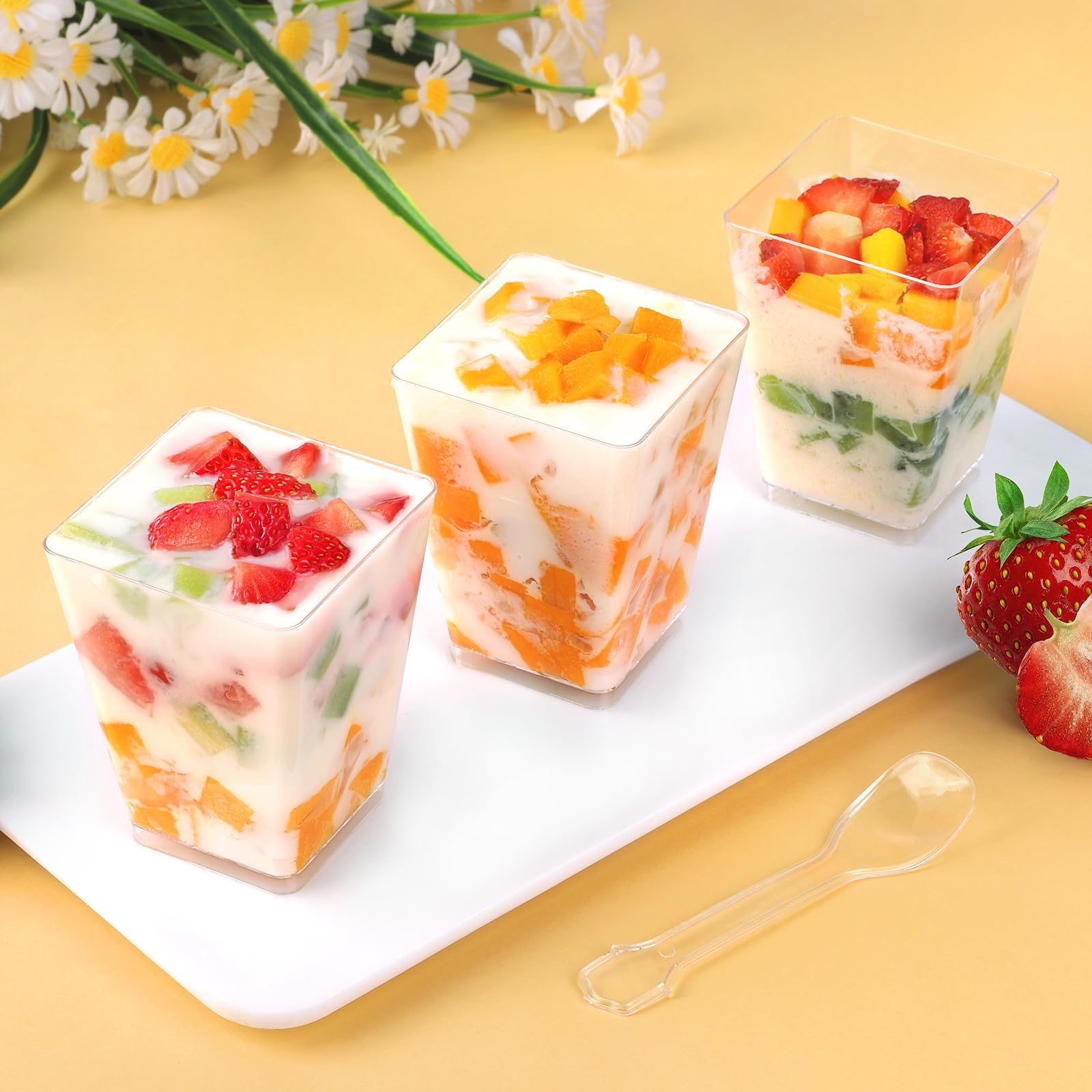 FIFWVGP 50 Pack 5 oz Plastic Square Dessert Cups with Spoons, Yogurt Parfait Cups Appetizer Cups for Party, Mini Dessert Cups with Spoons Dessert Shooter Cups with Spoons for Pudding and Fruit