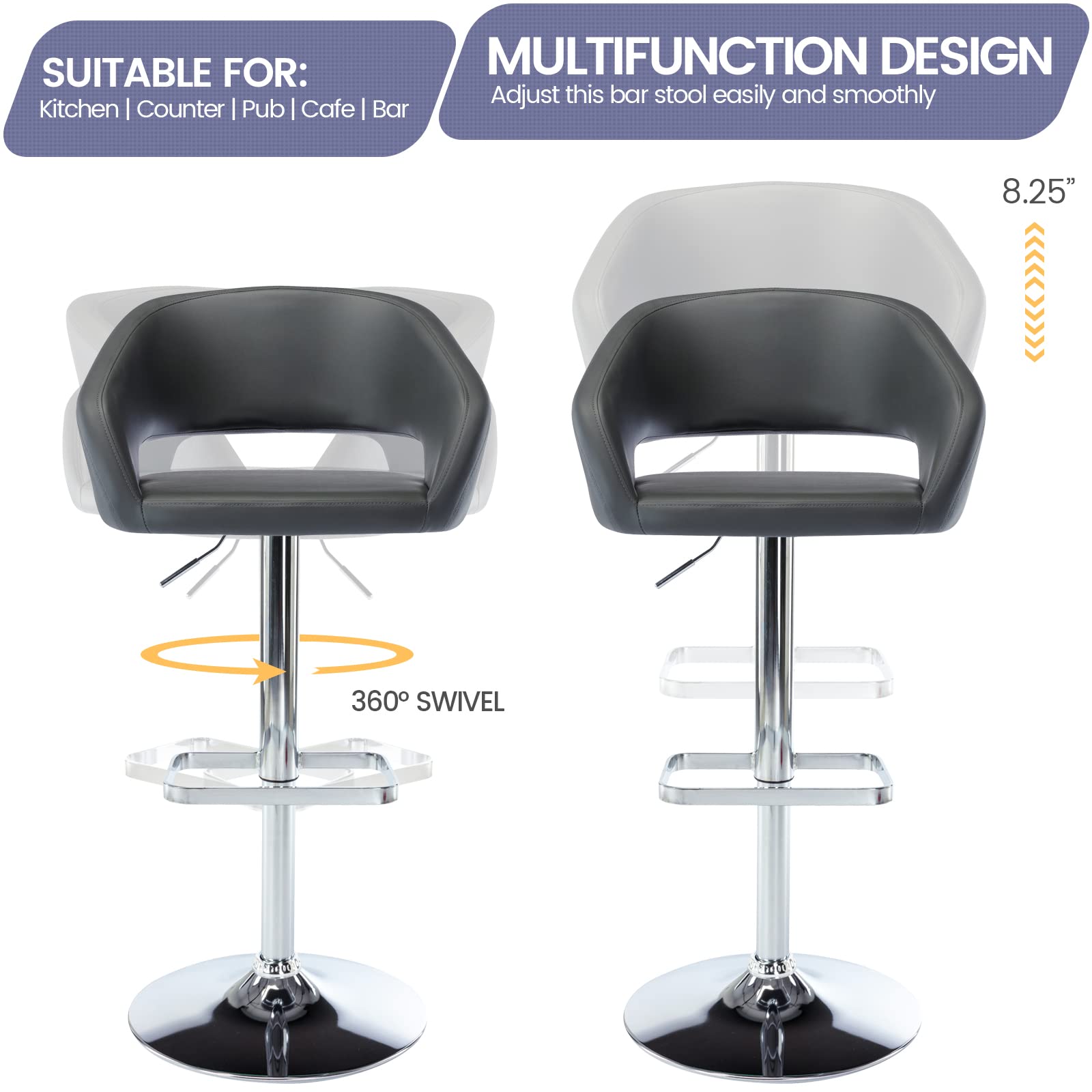 Vogue Furniture Direct Adjustable Bar Stool with Hollow Back and Arms, Modern PU Leather Swivel Barstool, Airlift Counter Height Bar Chair for Kitchen Dining Room (Grey)